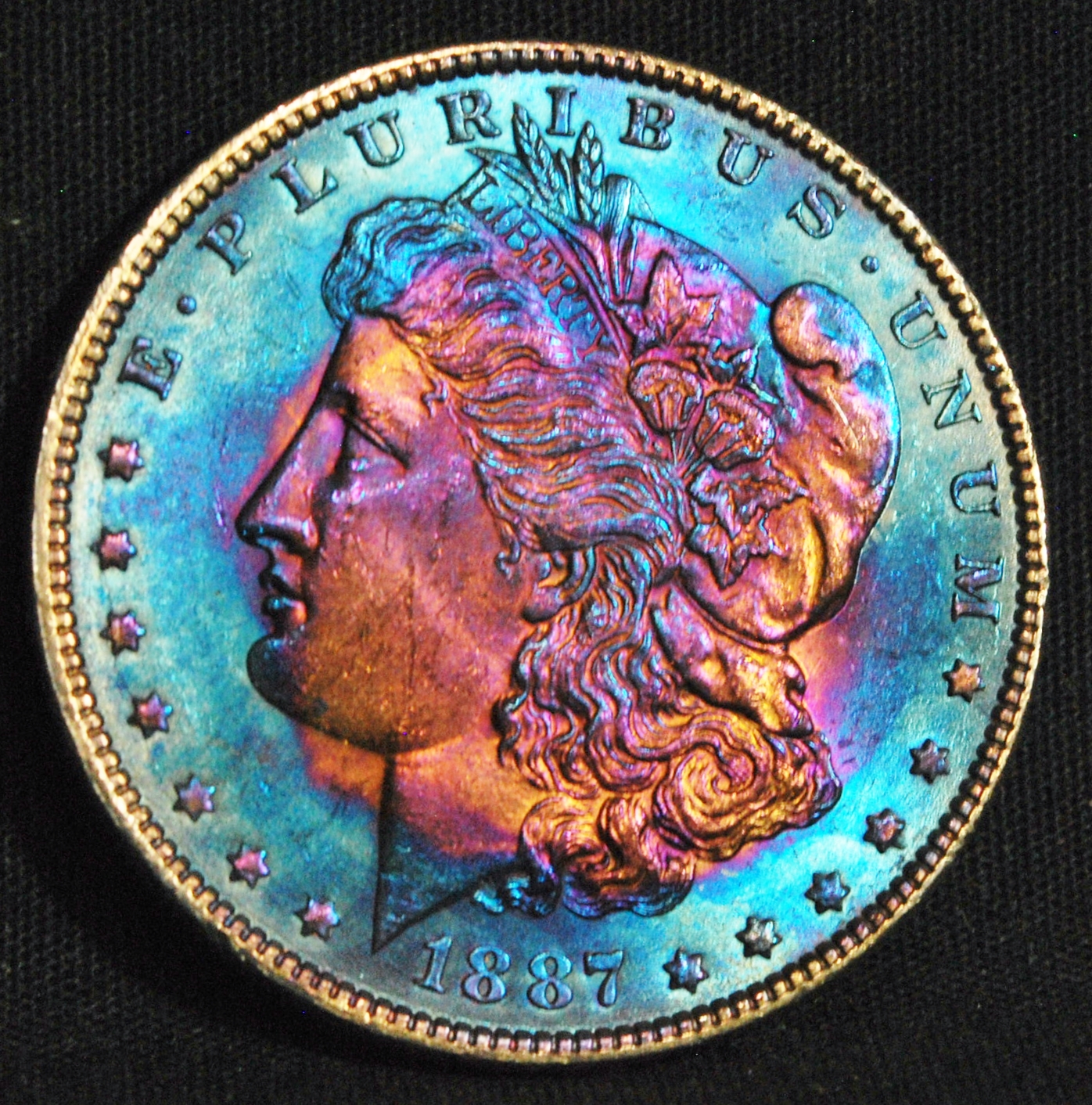 1887 Morgan Silver Dollar AU Rainbow Toning! Full Chest Feathering Nice ...