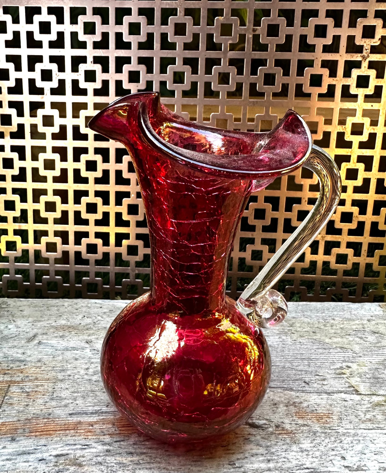 Vintage 1950s Hand Blown Burgundy Red Crackle Glass Small Pitcher #9050 ...
