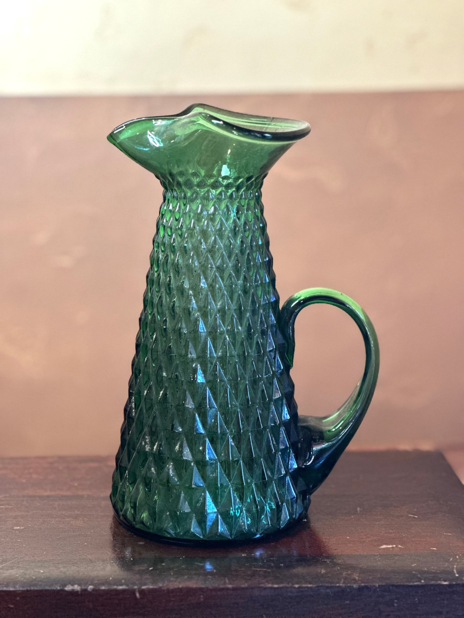 MCM Emerald Green Diamond Cut Glass Pitcher #9113 | Auctionninja.com