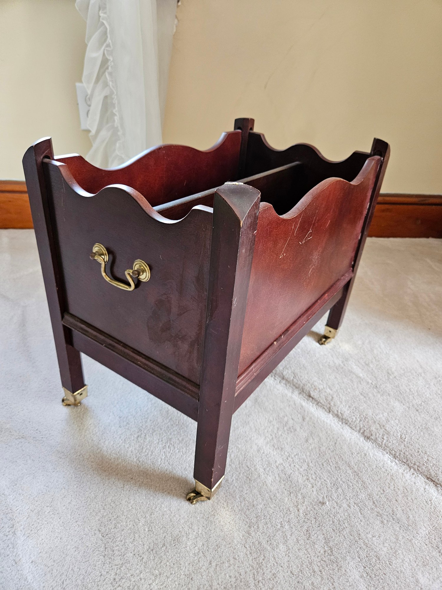 Cherry Wood Magazine Rack On Wheels- 19x12x17H #19610 | Auctionninja.com