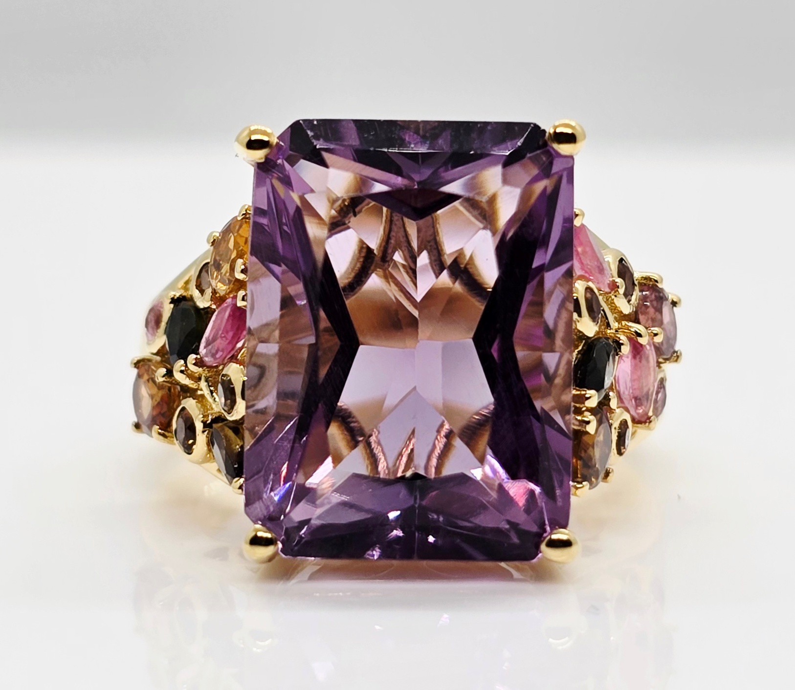 Radiant Cut African Amethyst, Multi-Tourmaline Butterfly Ring In 18k ...