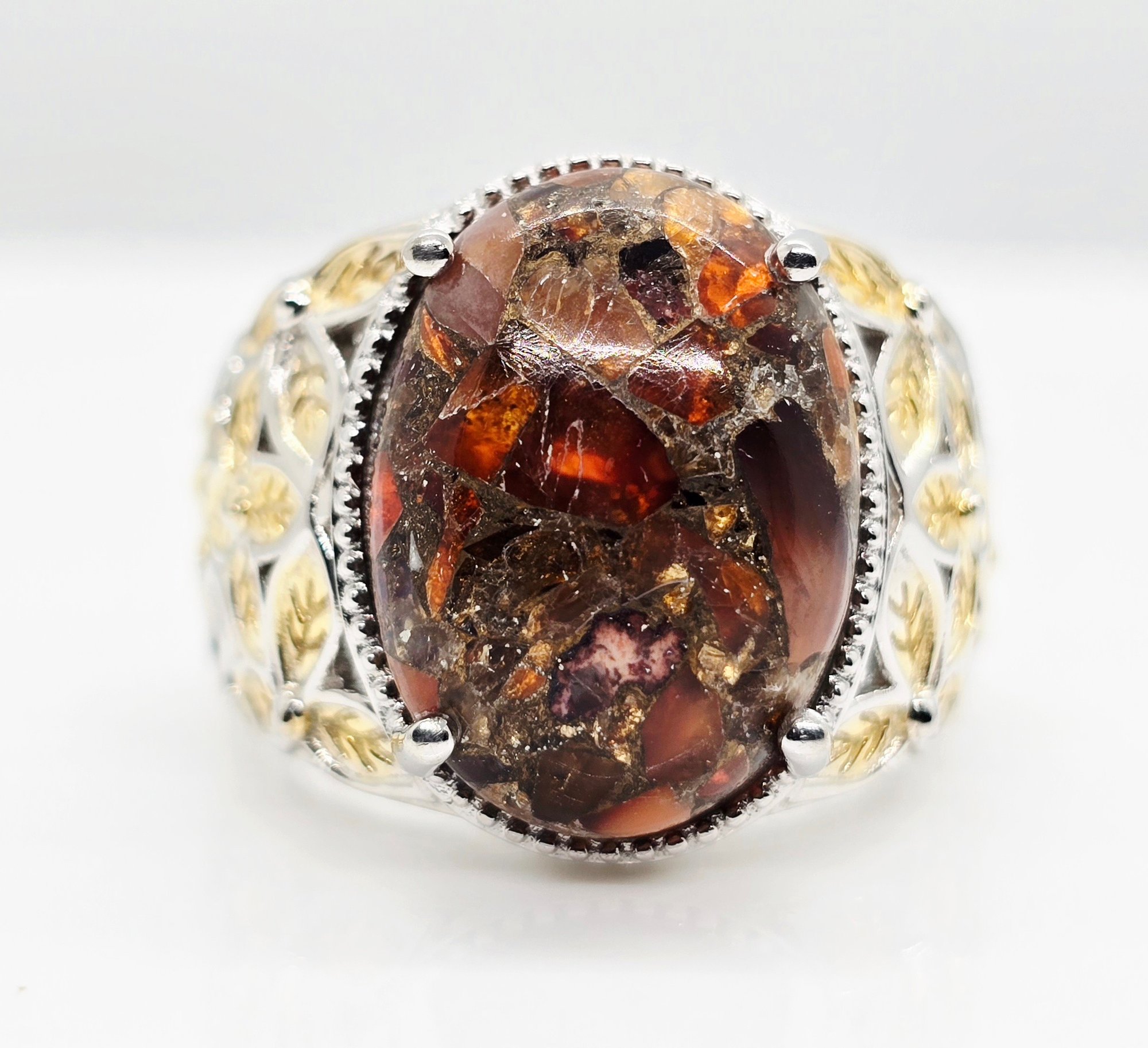 Matrix Fire Opal Solitaire Ring In 14k Yellow Gold Over & Platinum Over ...