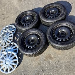 Set Of 4 - 5 Lug Rims & Dunlop 205/55R16 Winter Sport Tires & Hubcaps ...