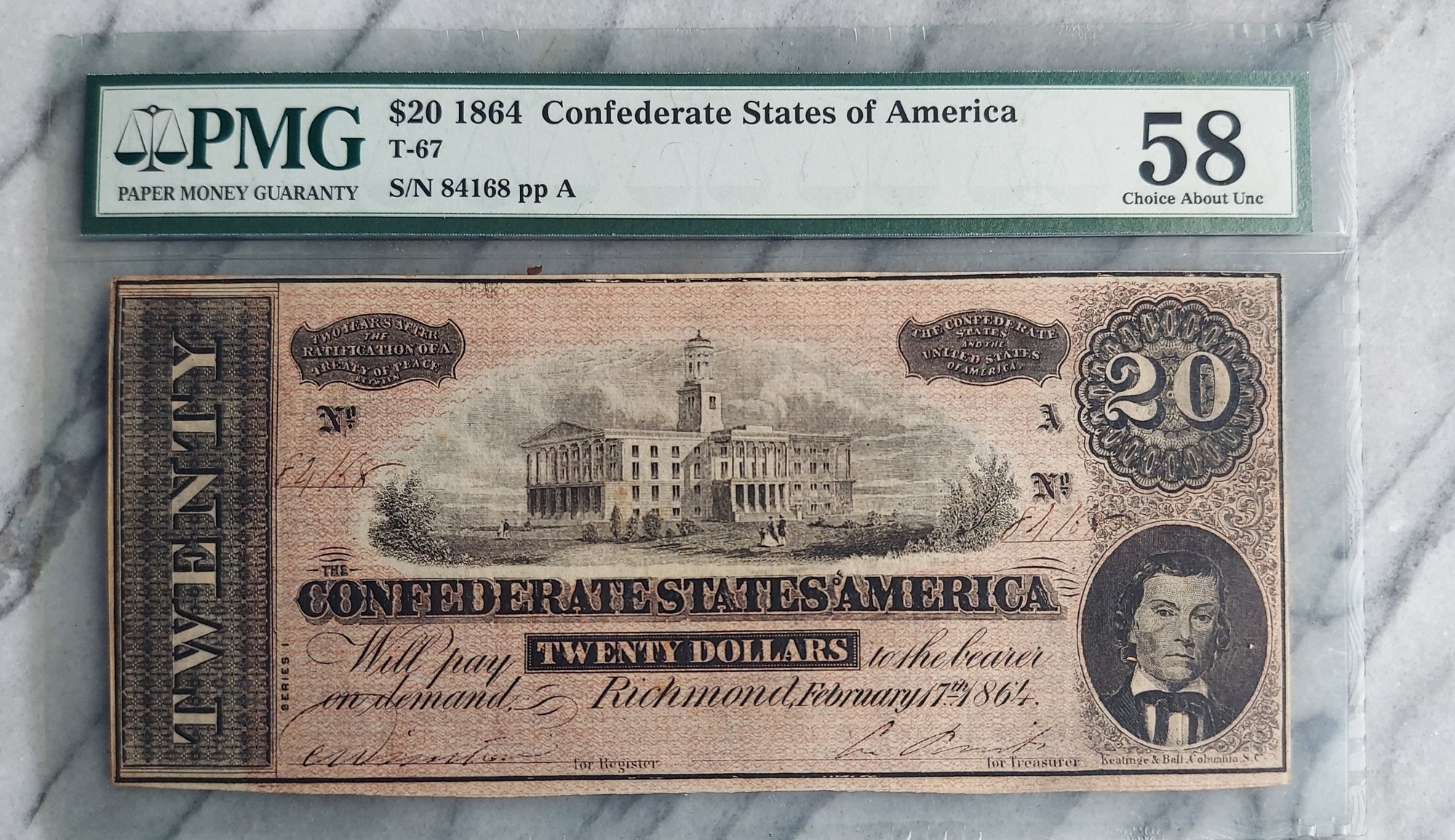 1864 CONFEDERATE STATES Of America $20 PMG GRADED 58 ABOUT UNCIRCULATED ...