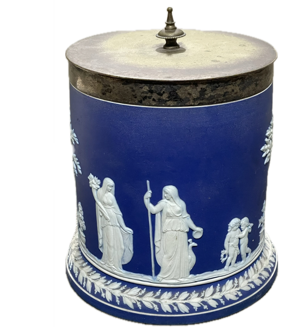 Antique Wedgwood Blue Jasperware Biscuit Jar With Silver Plated Lid ...