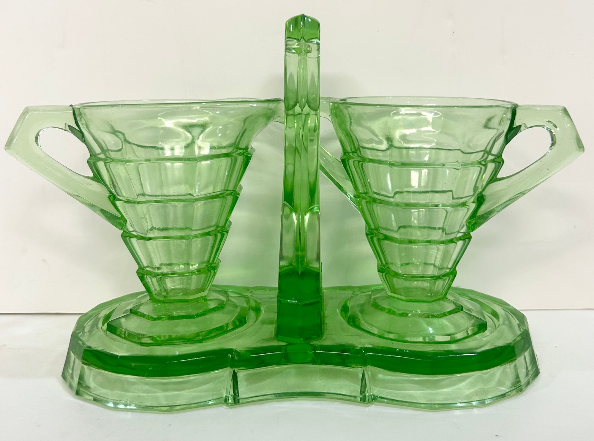 Beautiful Vintage Green Depression Glass Sugar & Creamer With Caddy ...