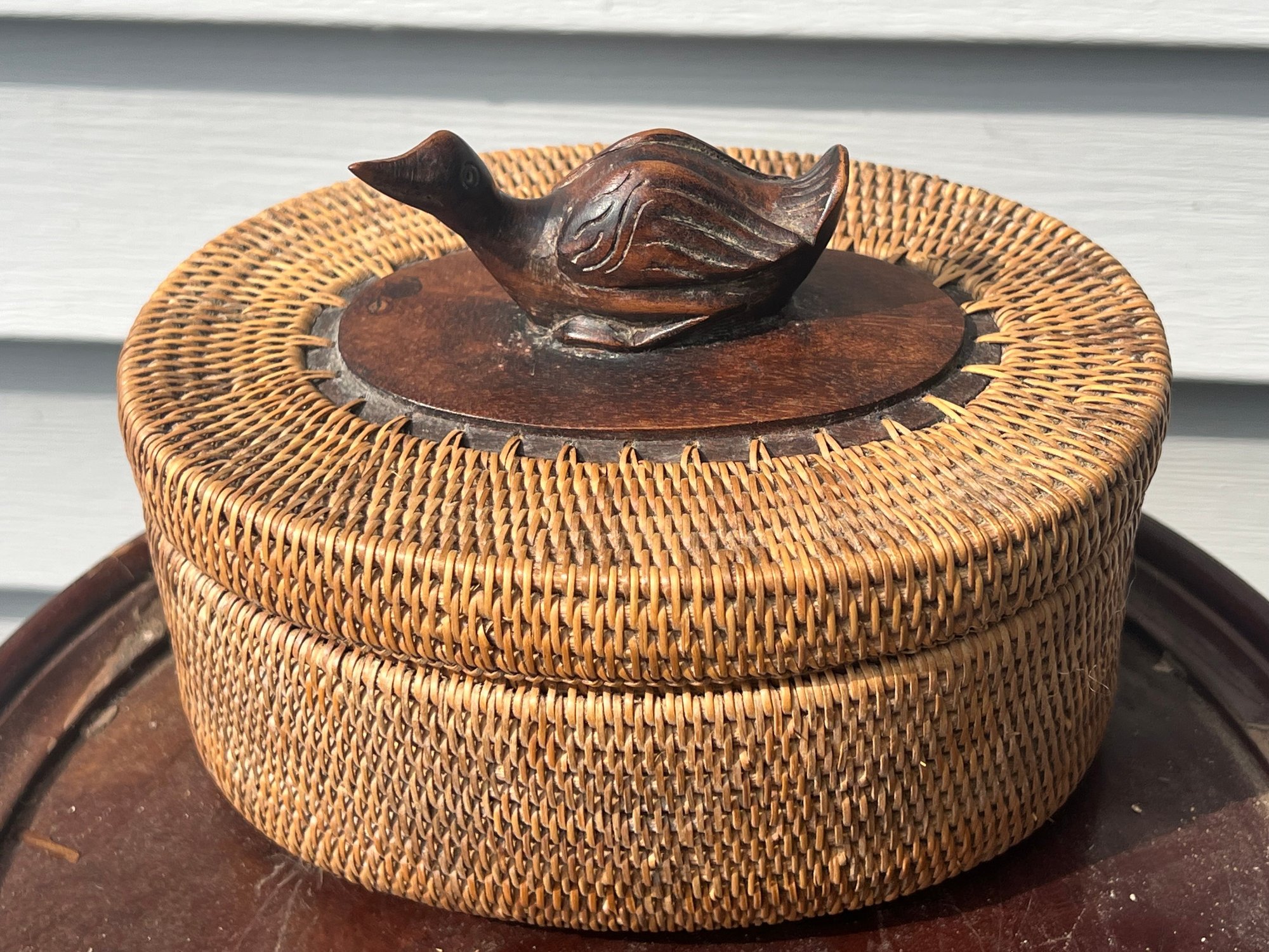 Vintage Hand Woven Reed/grass Covered Basket From Indonesia With Carved ...