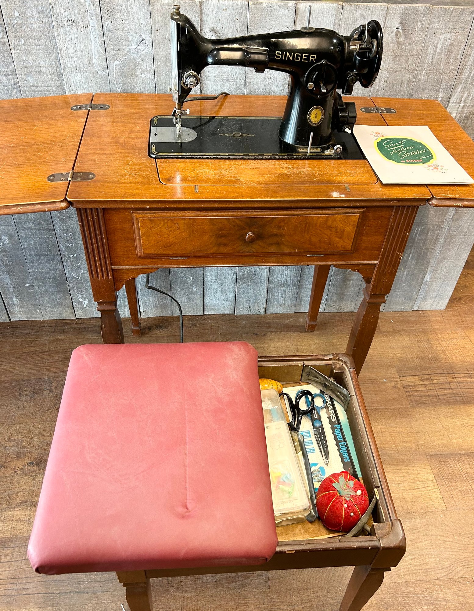 Vintage Singer Heavy-Duty Sewing Machine Cabinet W/ Stool & Sewing ...