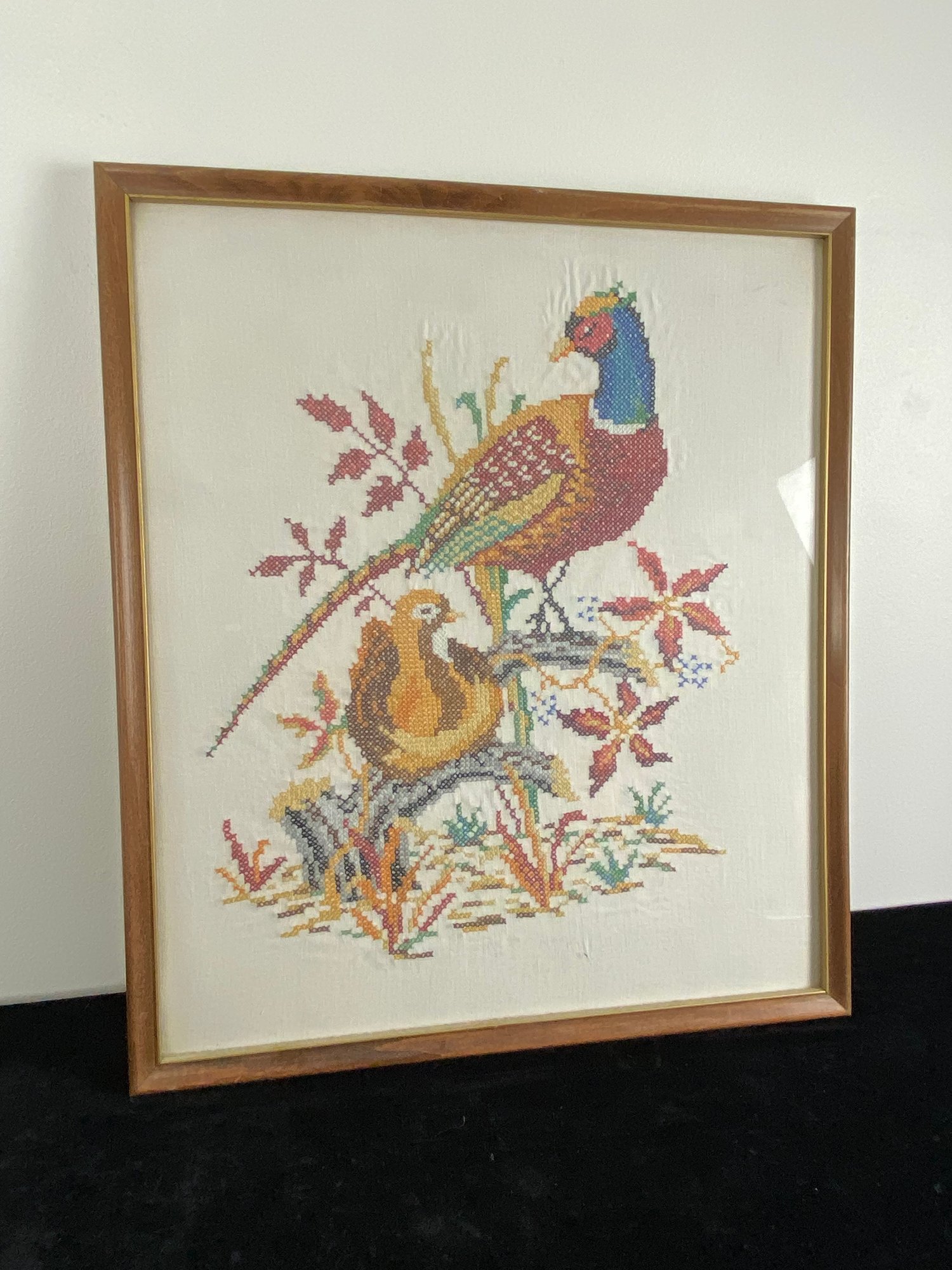 Framed Hand Embroidered Pheasant Folk Art #14763 | Auctionninja.com