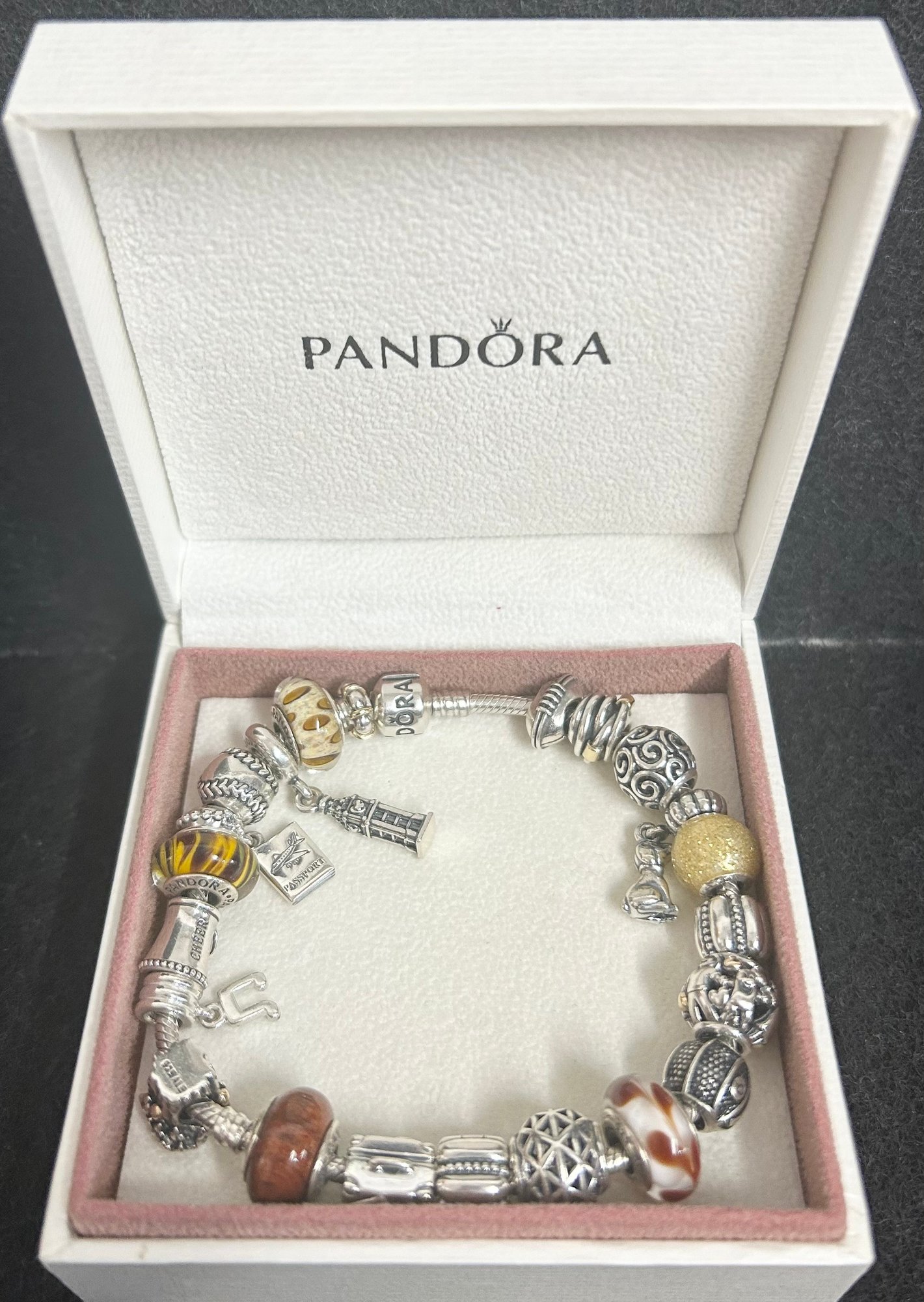 Sterling Pandora Bracelet W/ 22 Sterling Charms In Original Box ...