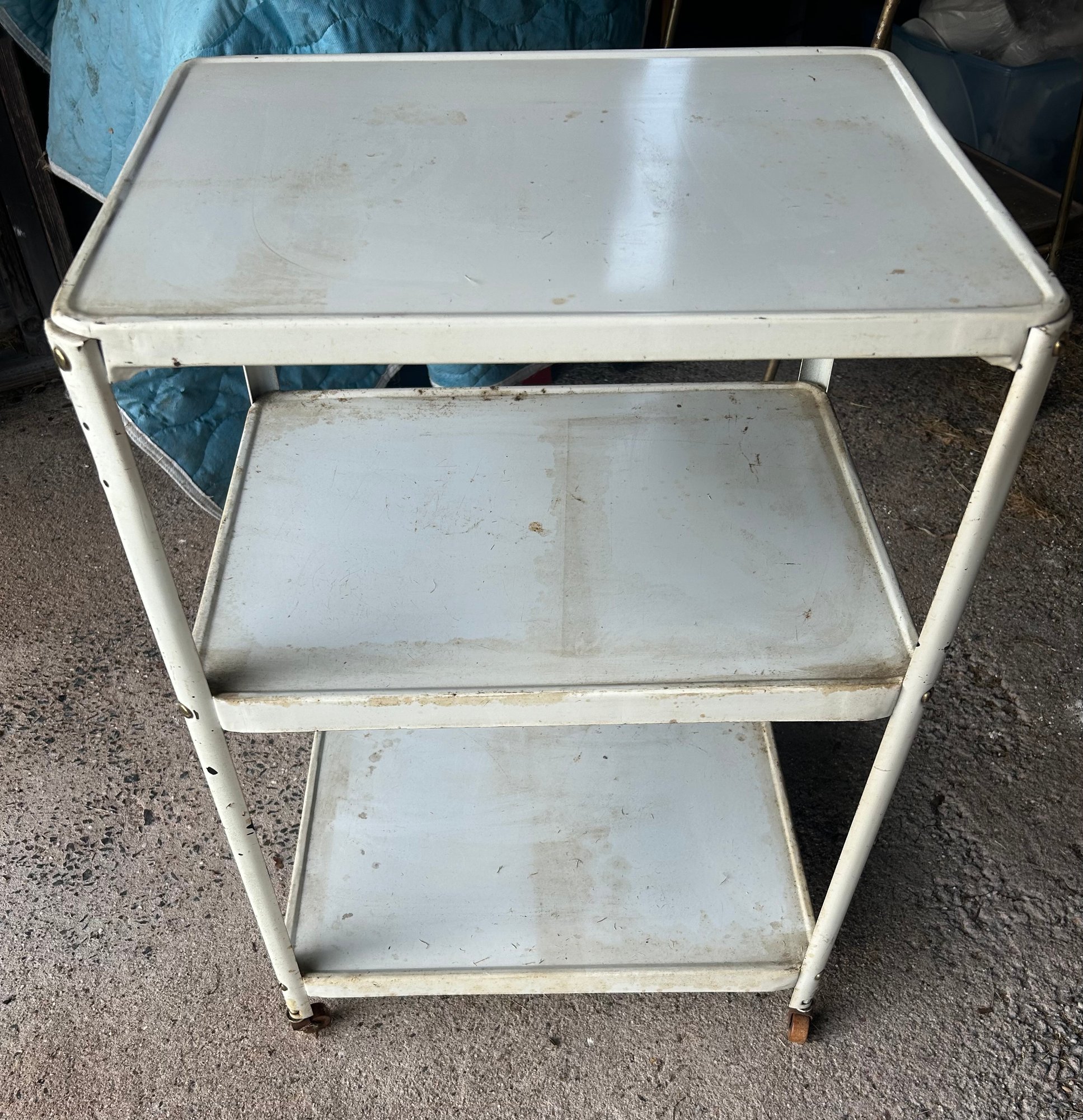 Metal Utility Cart 3 Shelves Original Wooden Wheels Vintage #8146 ...