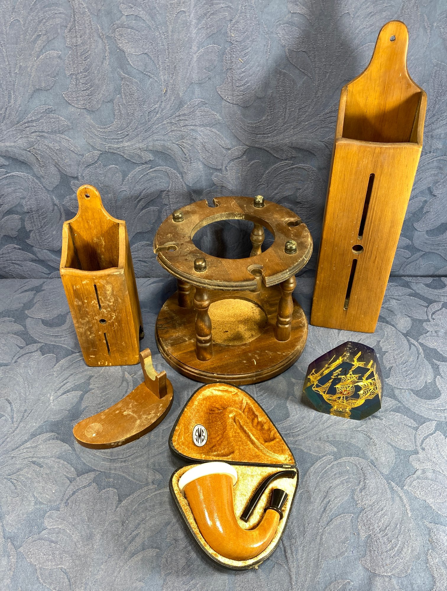 Vintage Wooden Match Holders, Pipe Stand, Hand Carved Meerschaum Pipe ...