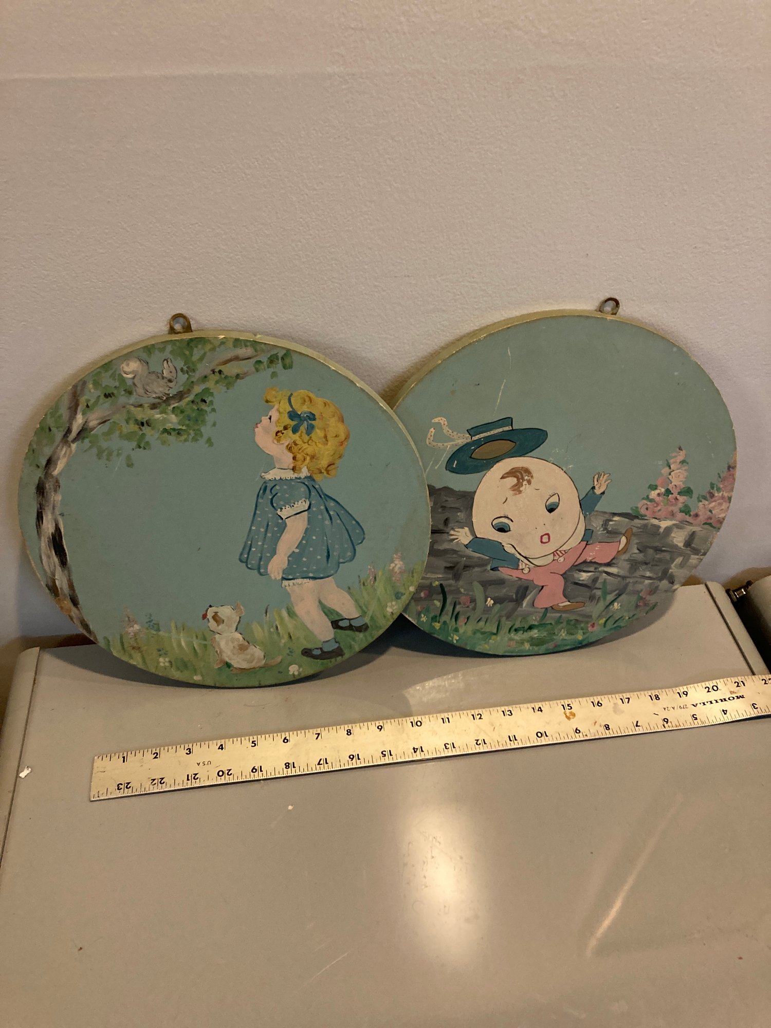 Two MCM Hand Painted Round Wall Hangings Humpty Dumpty & Girl With Her ...