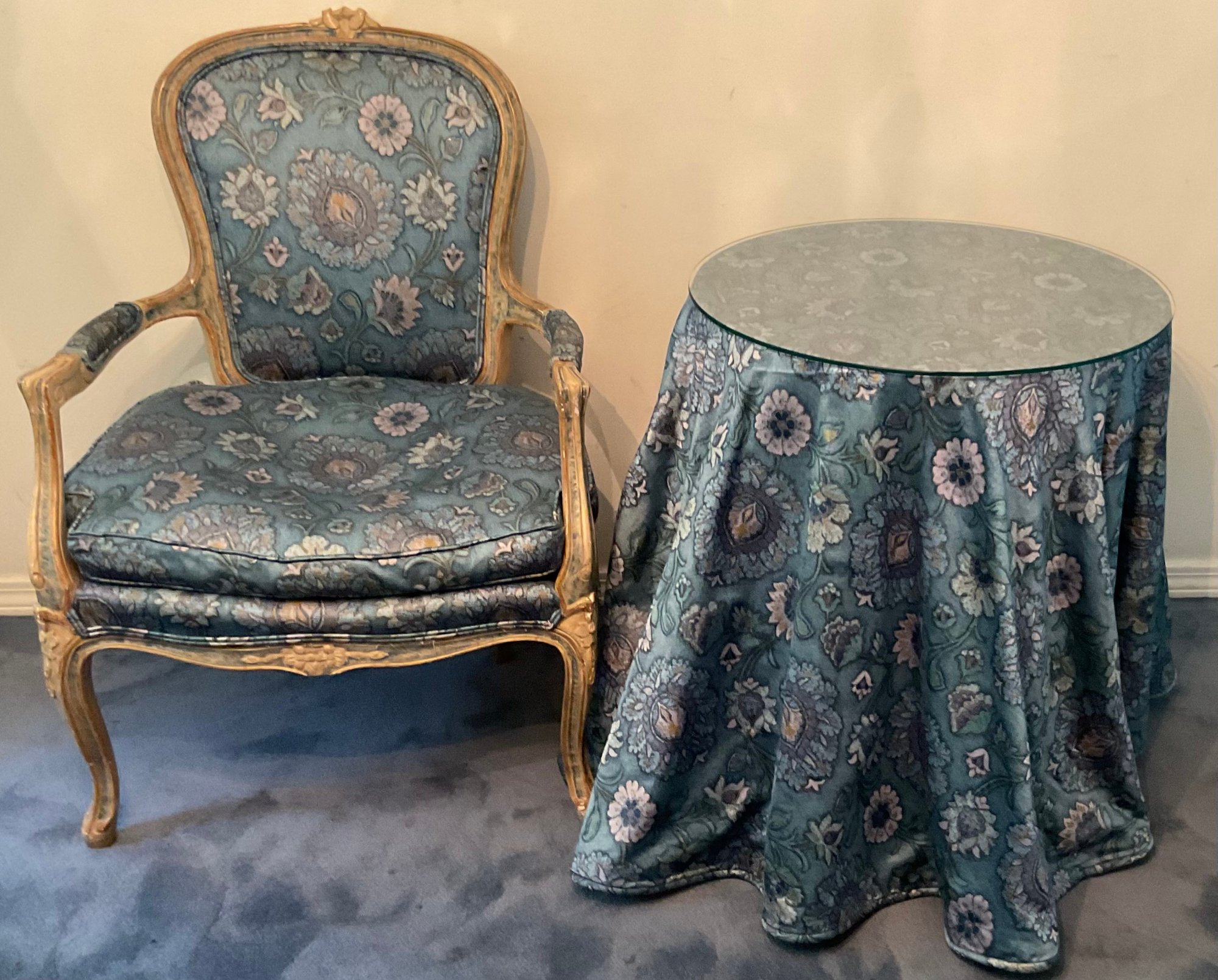 Vintage Bergere Chair & Matching Fabric Table, Coverlet & Glass Top ...