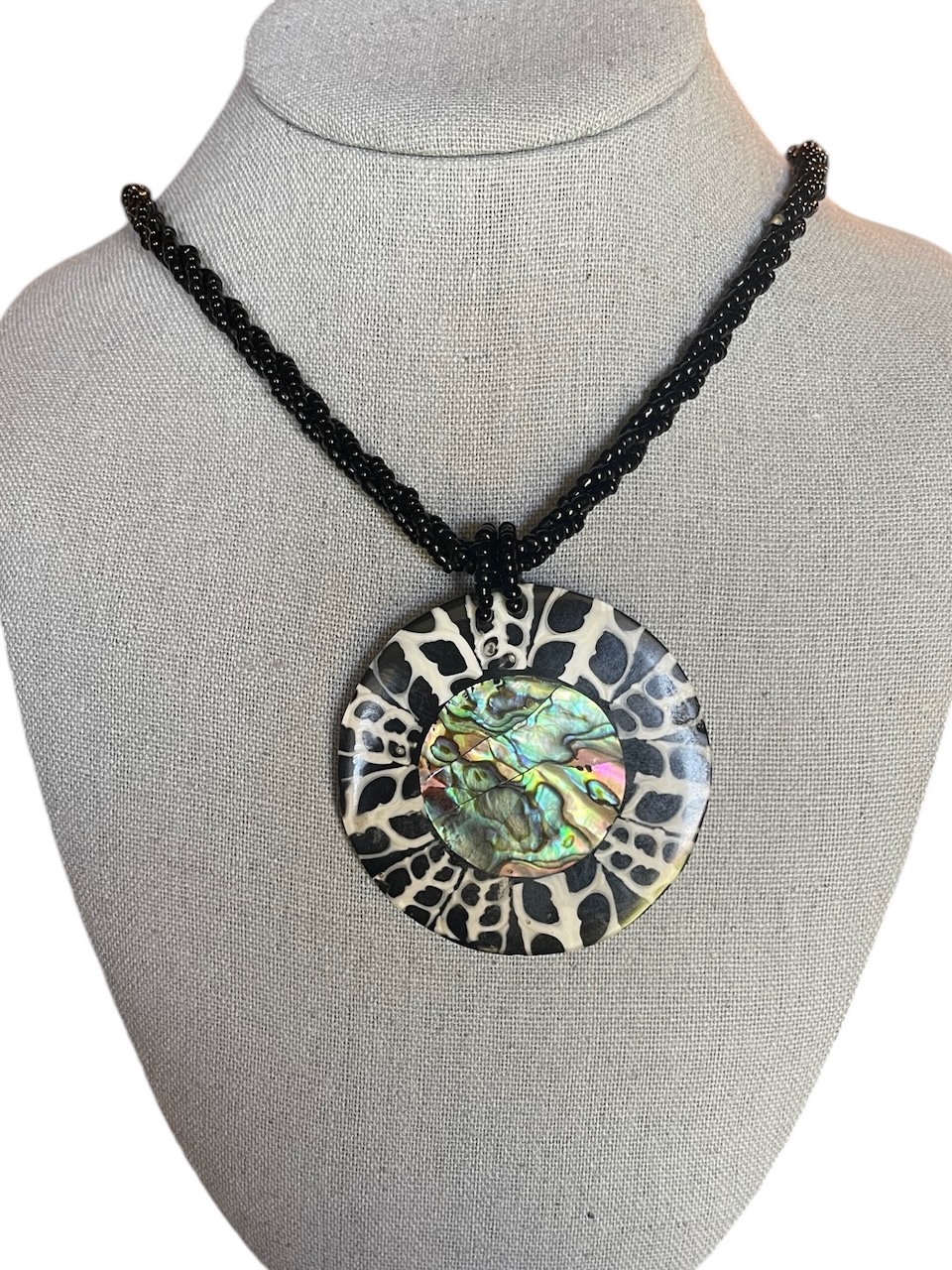 Black Beaded Cord Necklace With Large Round Abalone Shell Pendant ...