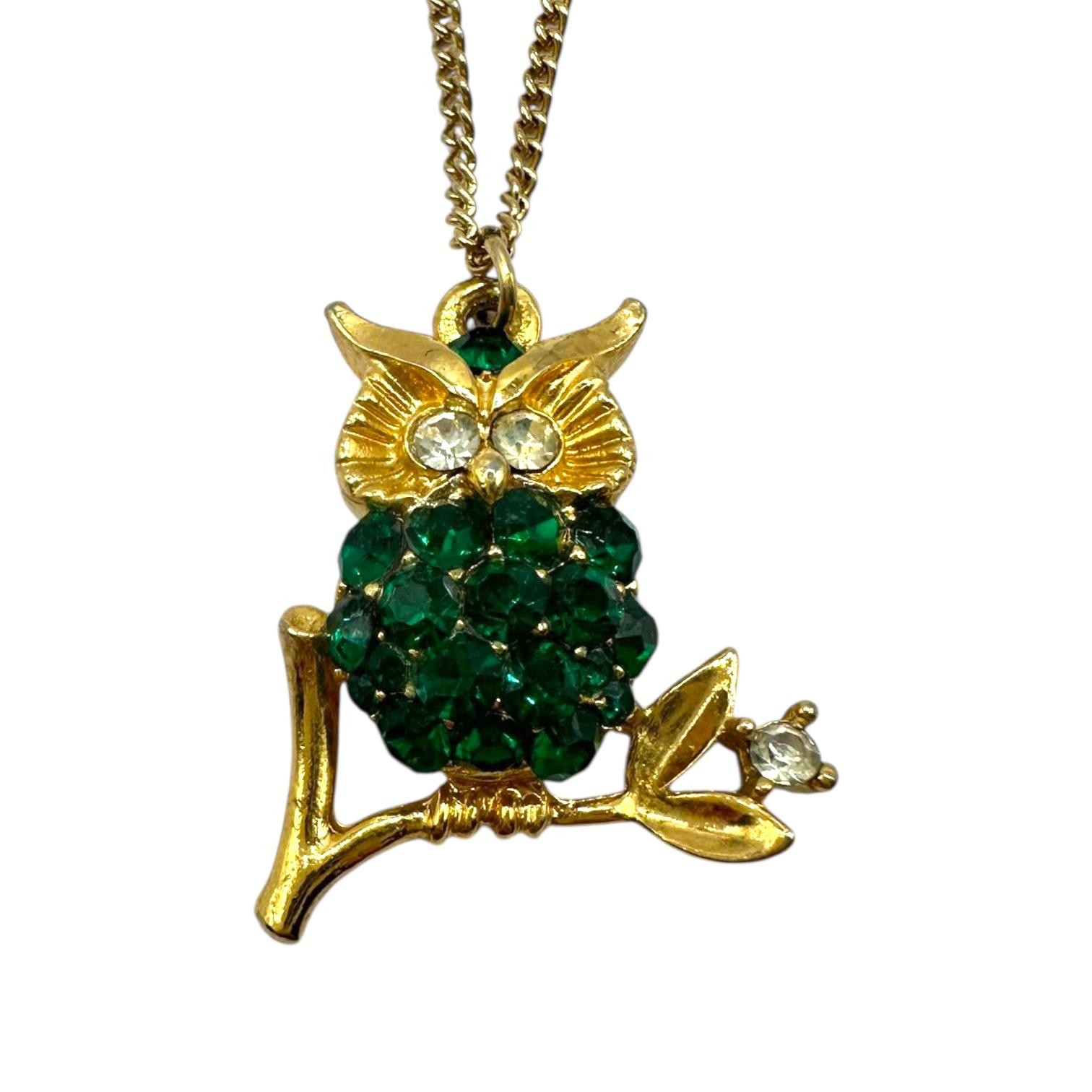 (B174) Vintage Emerald And Clear Stone Owl Pendant Necklace #2132371 ...