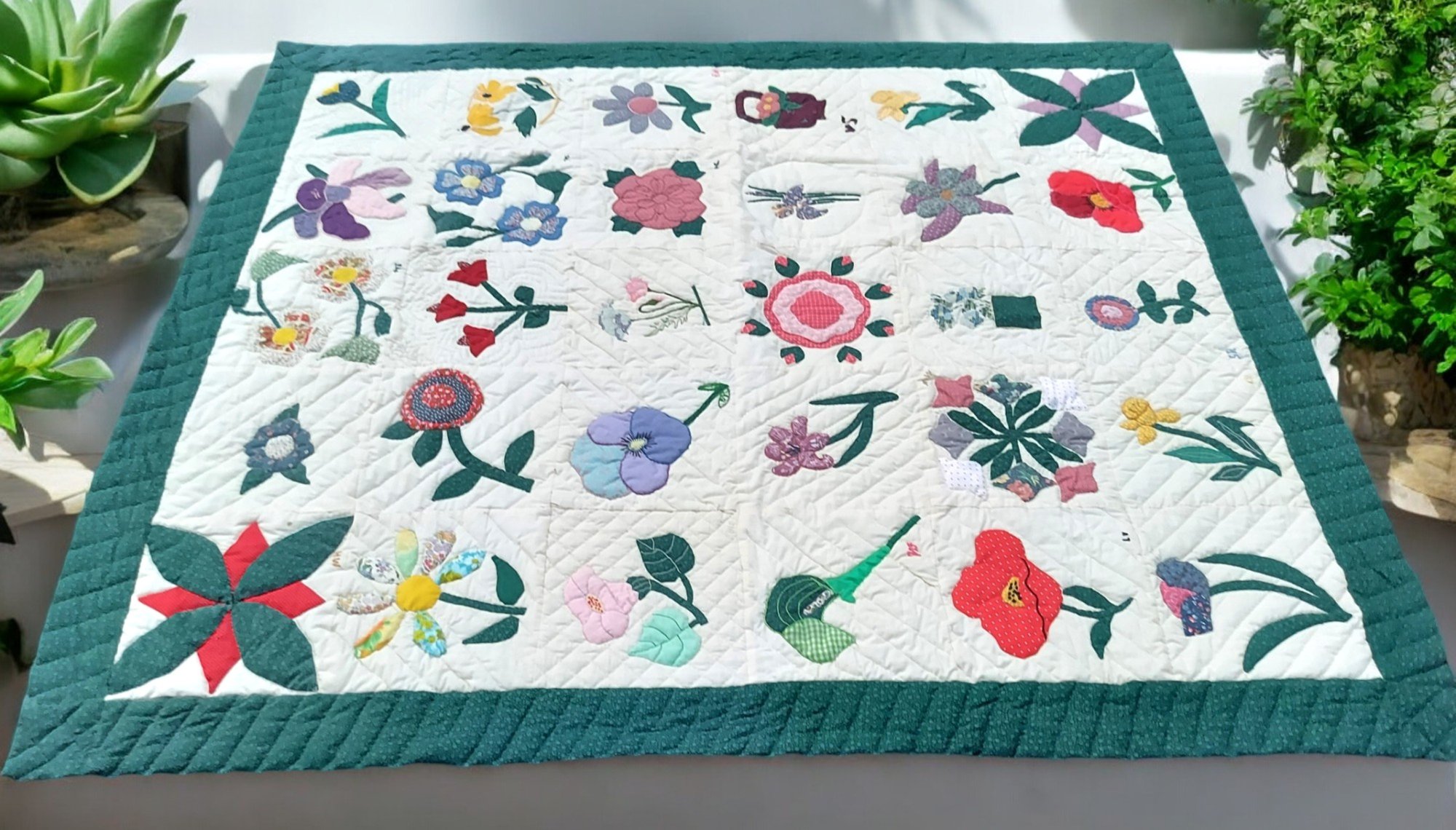 59 X 67" Hand Stitched Applique Patch Quilt #13233 | Auctionninja.com