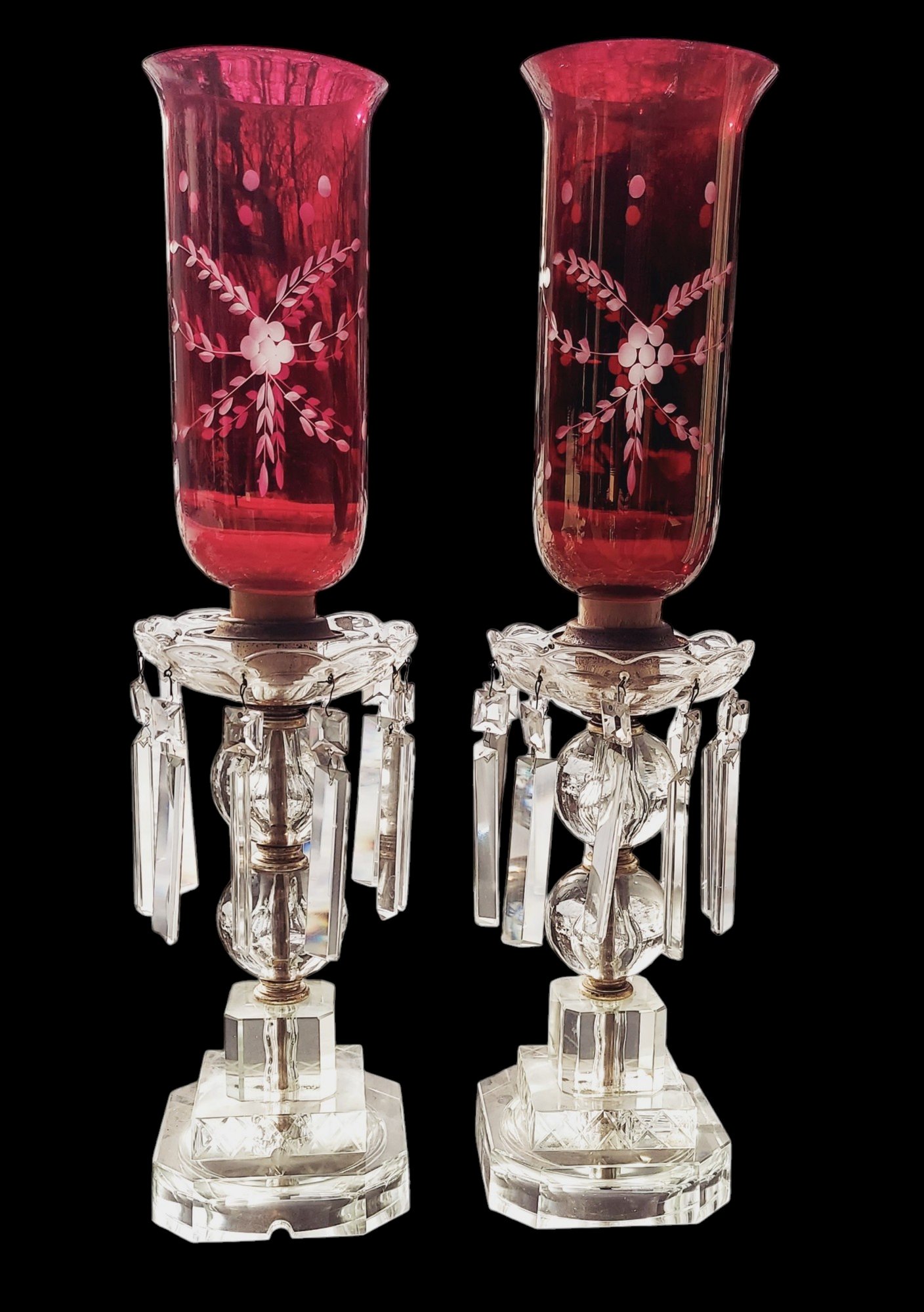 Pair Of Vintage 22" Etched Ruby Glass Cut Crystal With Prisms ...