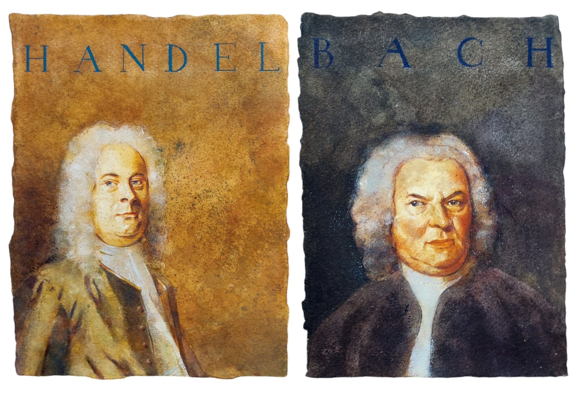 Johann Sebastian Bach & George Frideric Handel Vintage Pair Watercolor ...