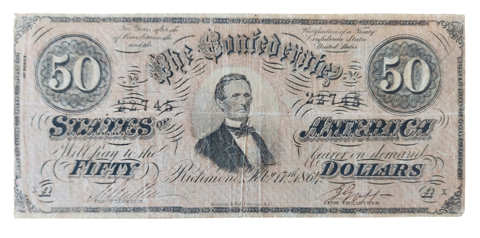 1864 Confederate States - CSA - Richmond VA Fifty Dollars $50 Note ...