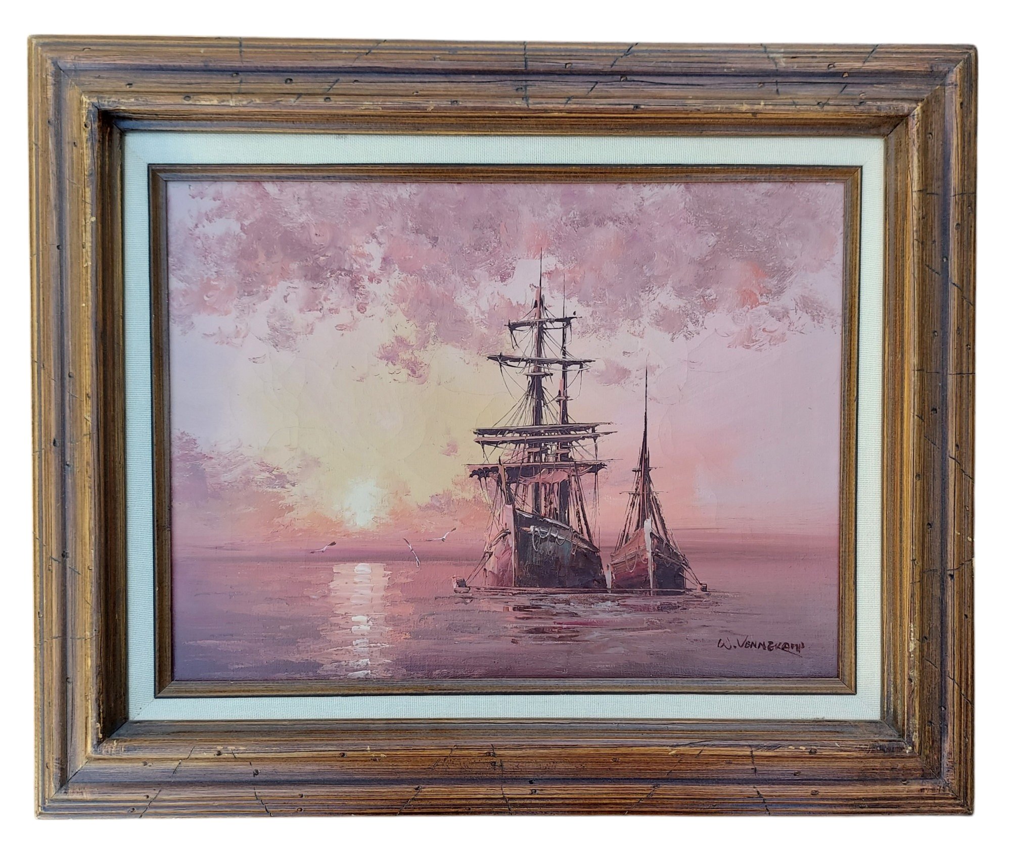 Vintage W Vennekamp Signed Boats At Sunset Oil Painting #2034648 ...