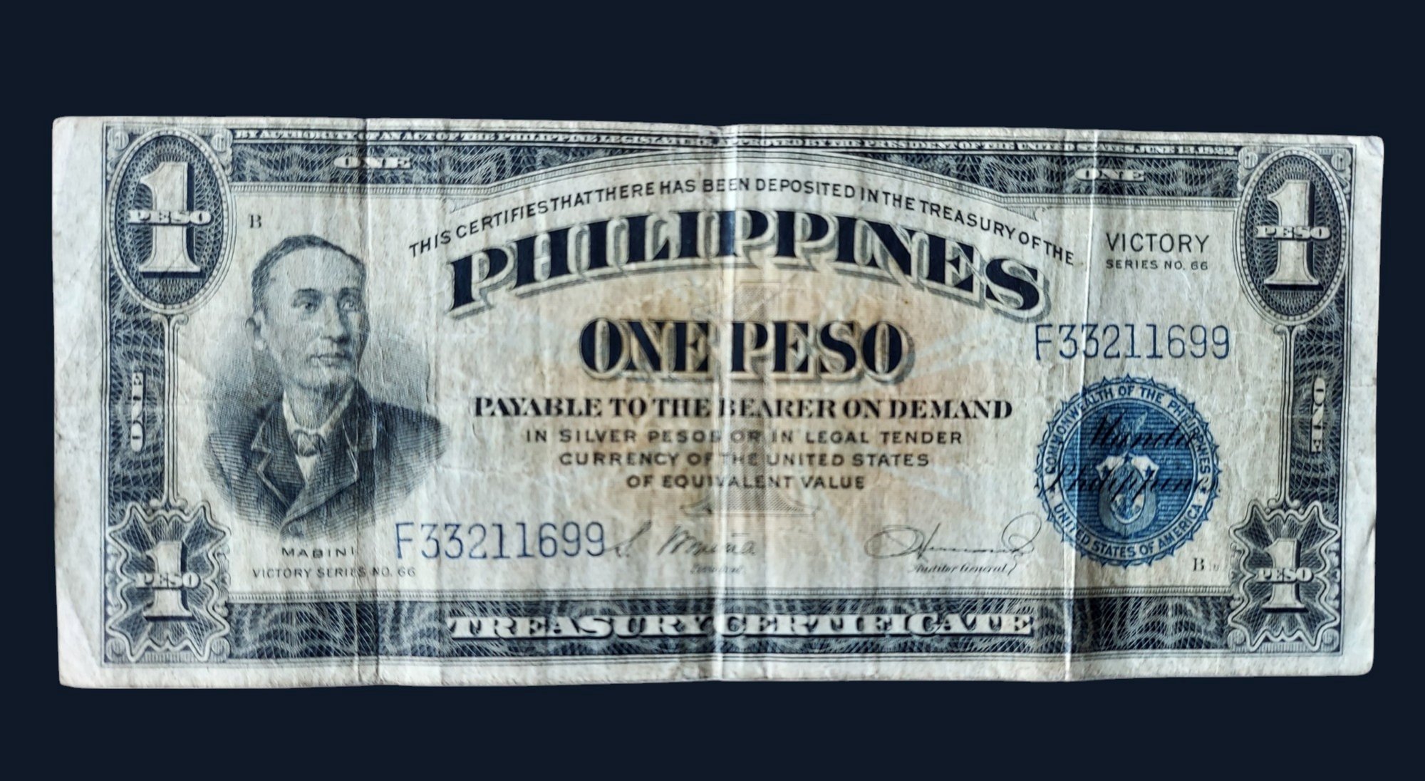 1922 PHILLIPPINES ONE PESO VICTORY SERIES NO 66 BANKNOTE #2032479 ...