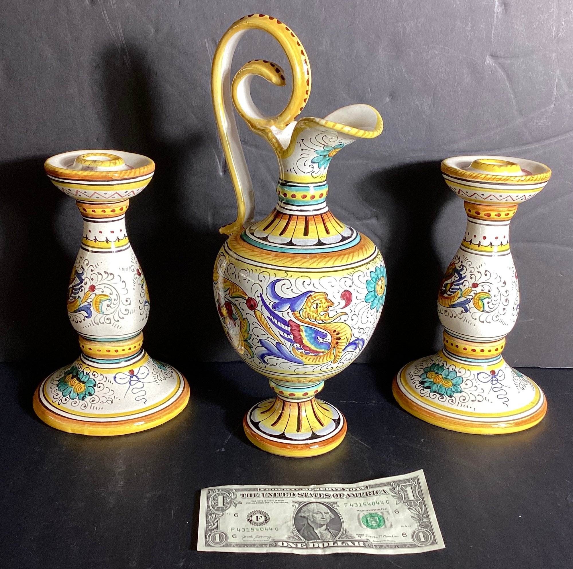3 Italian Ceramic Items By F. C. Deruta 2 Candlesticks And Pitcher ...