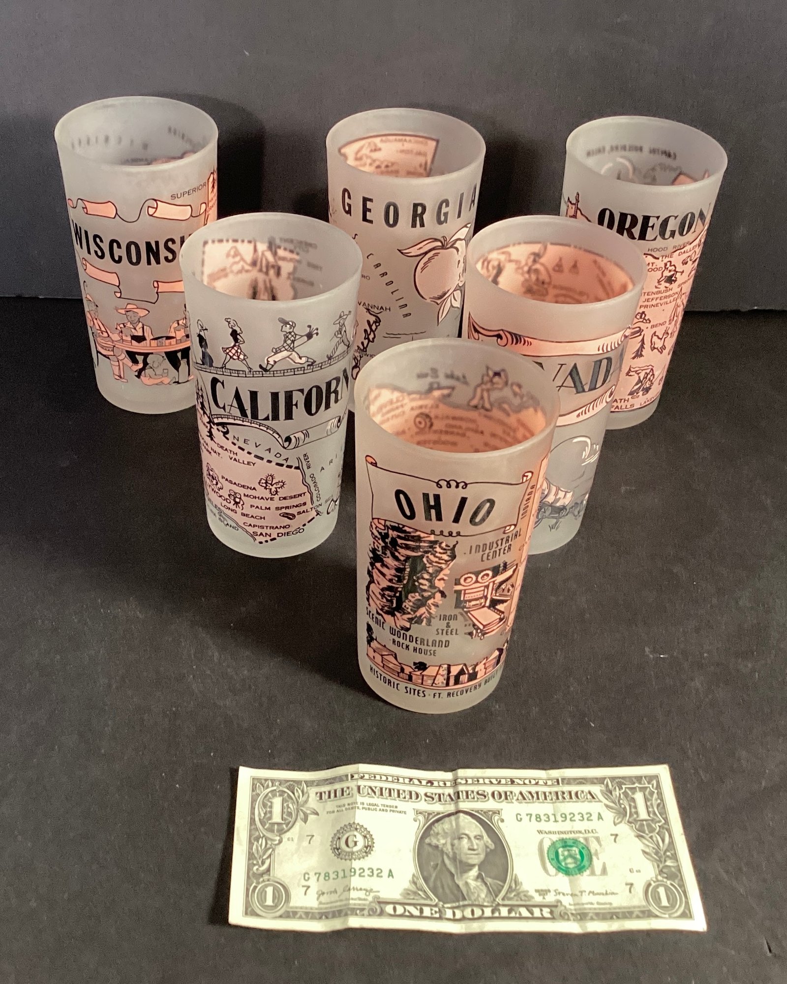 6 Vintage Frosted Glass Glasses Depicting 6 Different States From U.S.A ...