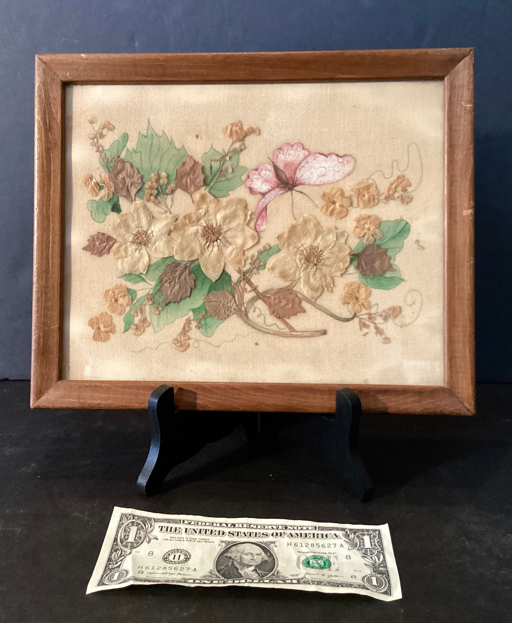 Antique Therom Hand Painted And Embroidered Floral Scene With Pressed ...