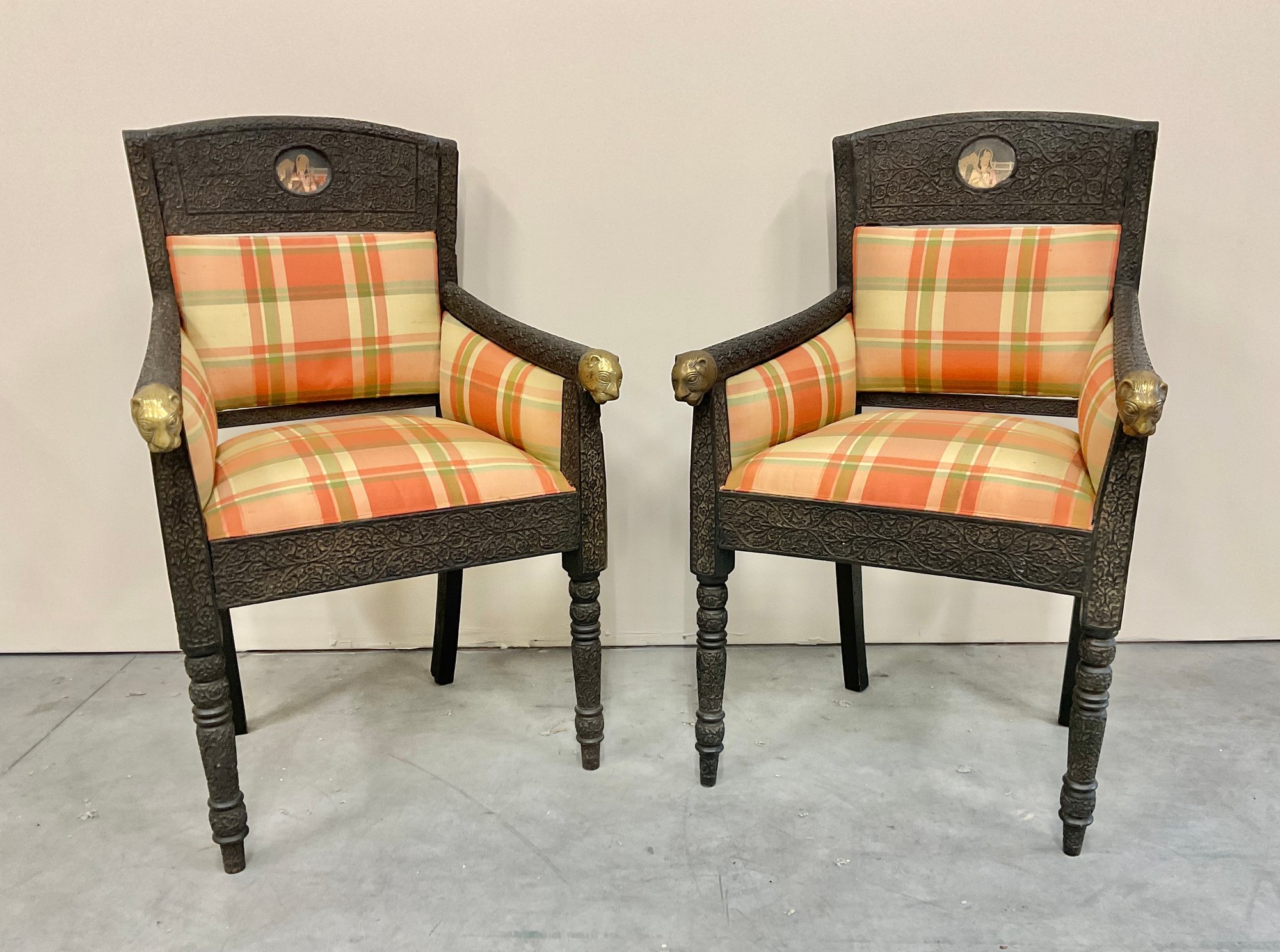 Pair Of Carved Rosewood Mogul Arm Chairs With Portraits #12351 ...