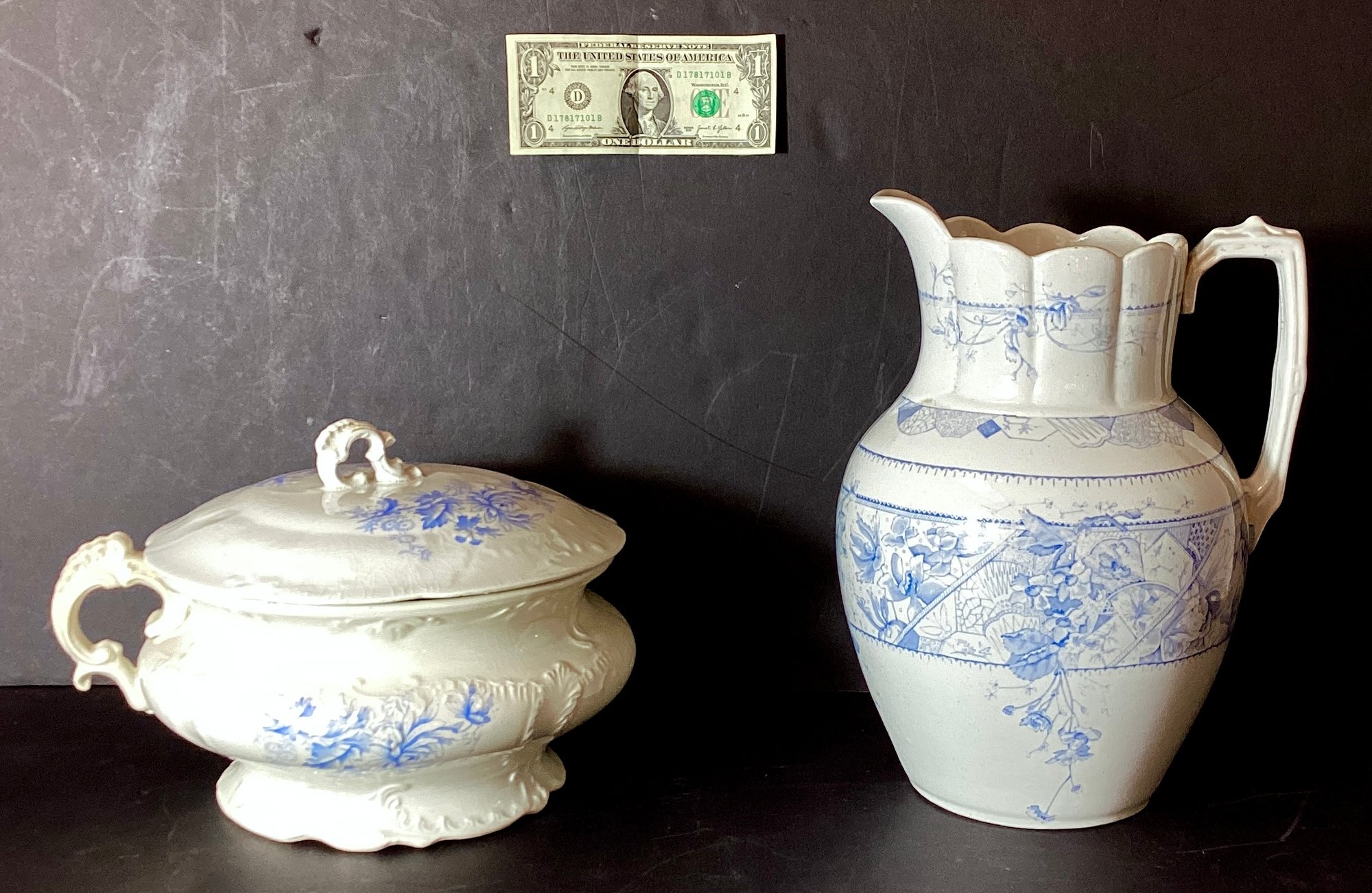 Antique Pitcher And Serving Tureen Blue Transfer On White Background ...