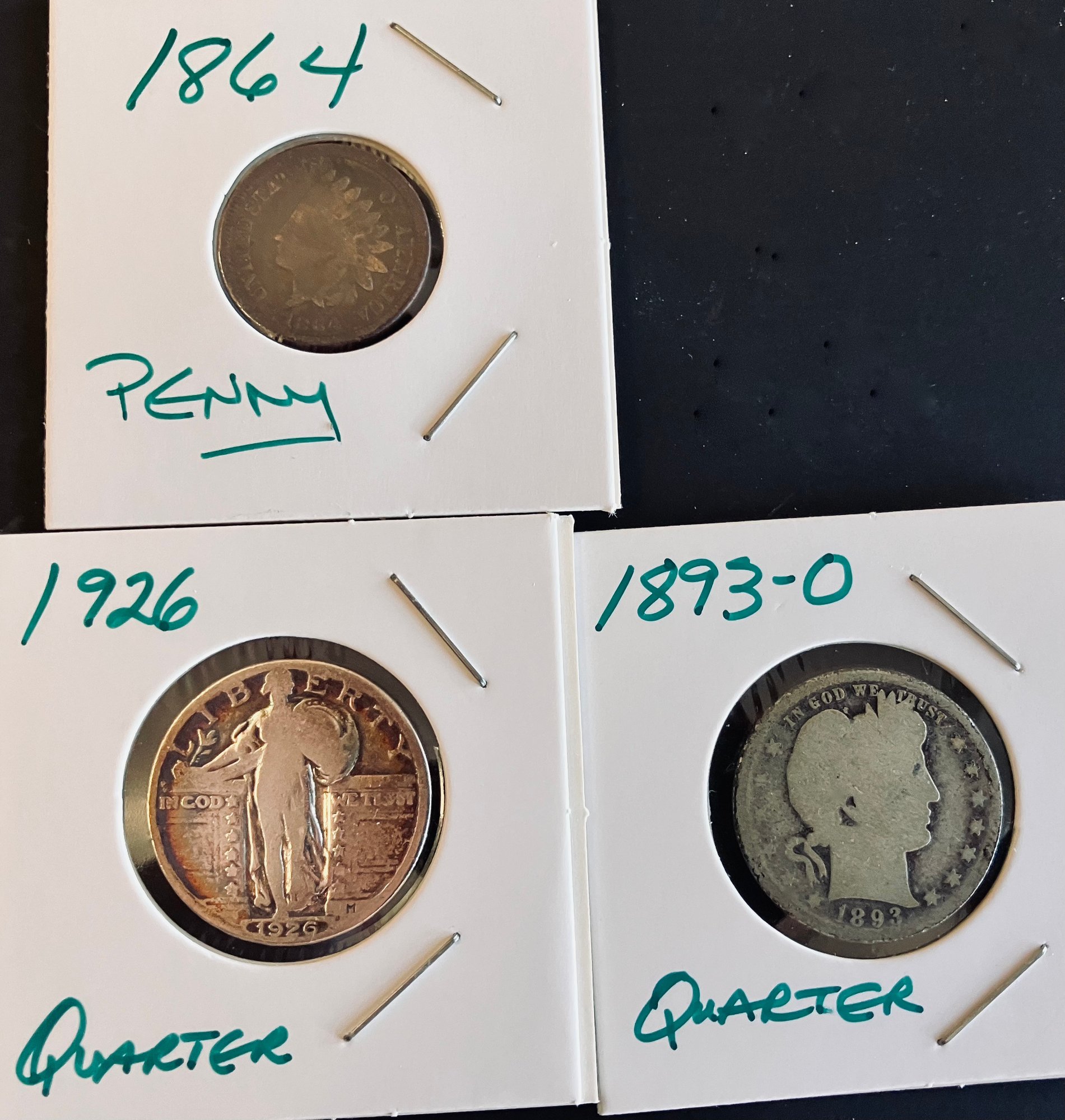 THREE VERY OLD COINS---1864 PENNY---1893-O QUARTER----1926 QUARTER ...