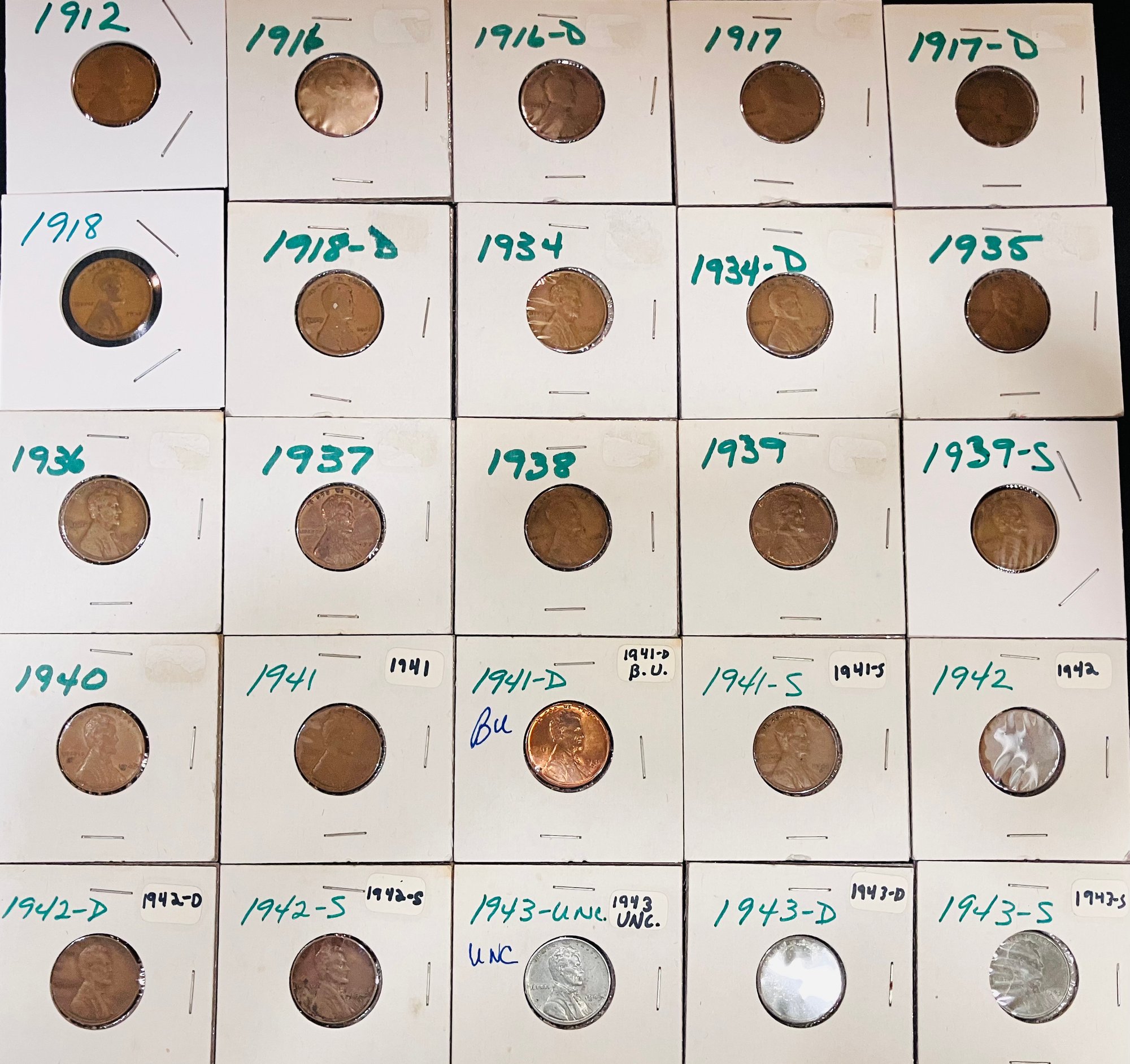 TWENTY FIVE (25) VERY OLD PENNIES----FROM 1912 TO 1943--Not Complete ...