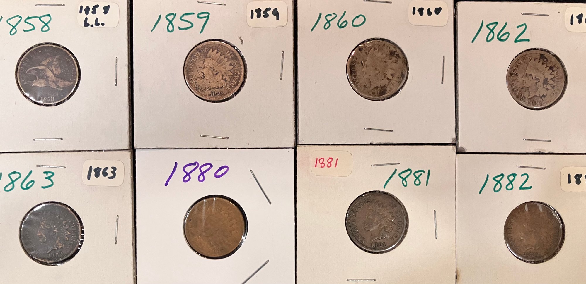 EIGHT (8) VERY OLD PENNIES---1858,1859,1860,1862,1863,1880,1881,1882 ...