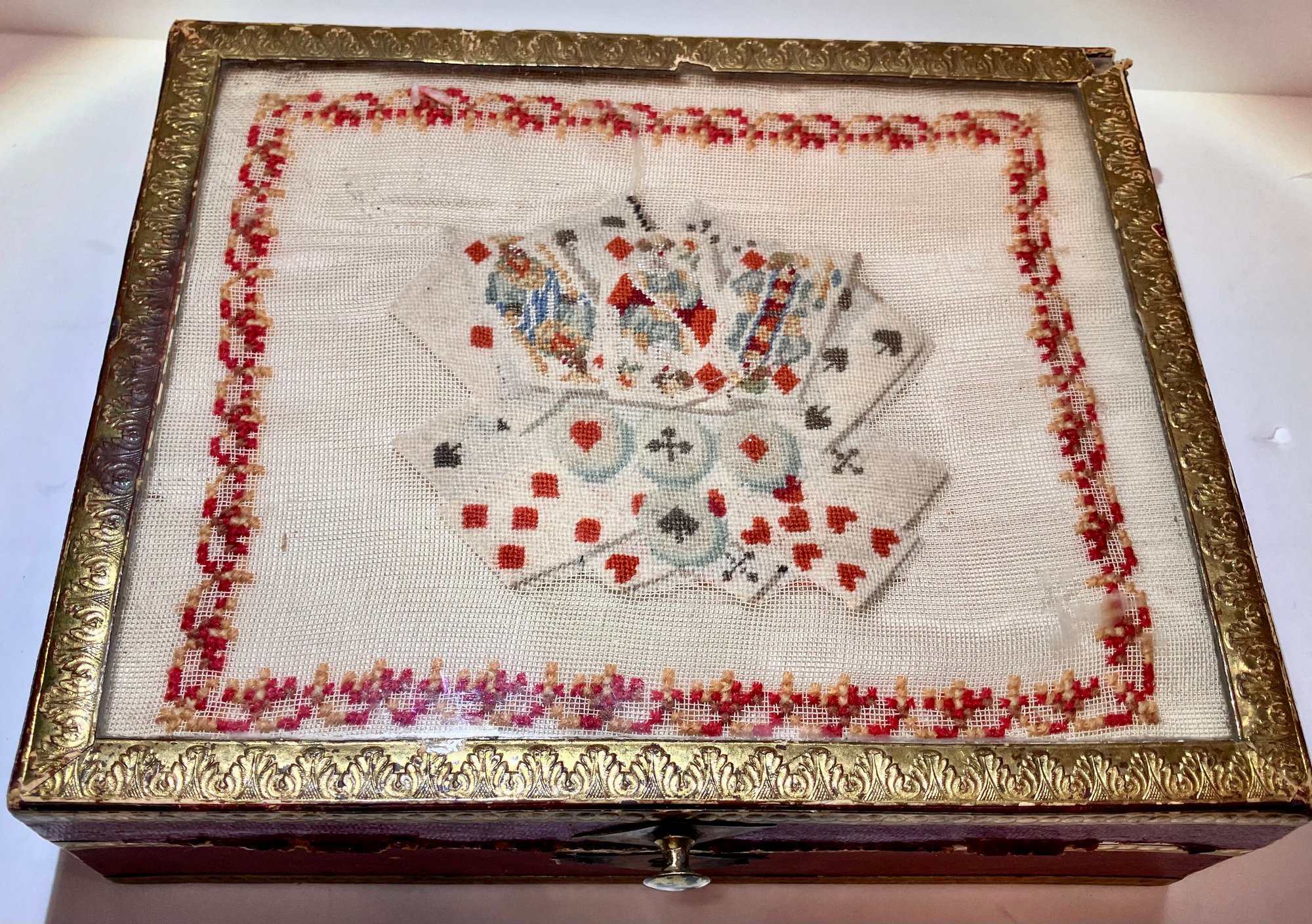 Antique Playing Card Storage Box With Embroidered Card Design On Top-7 ...