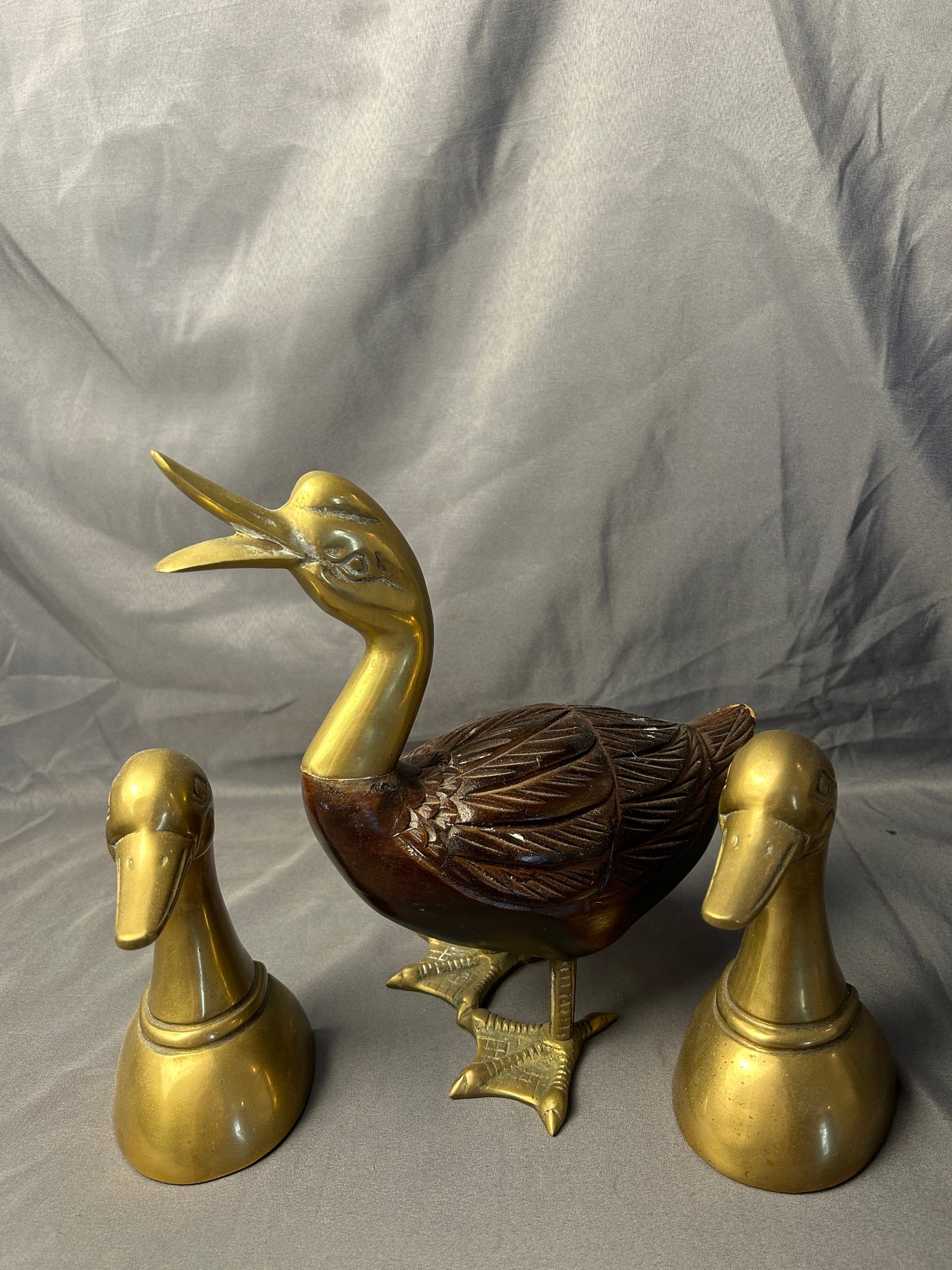 Brass Ducks, Brass Beaked Standing Duck With Wooden Body & (2) Brass ...
