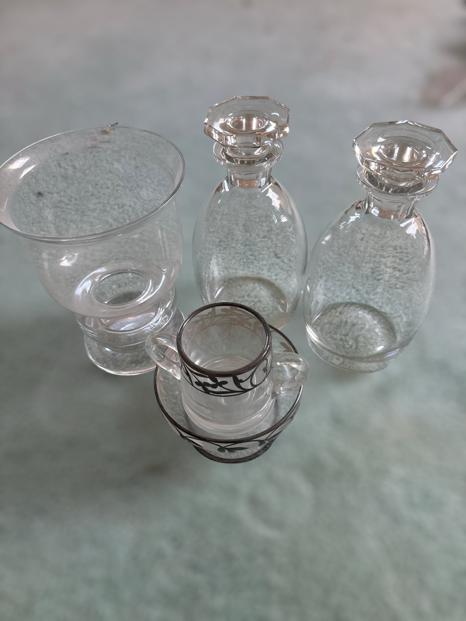 Decanters (2) , Cup And Saucer, Clear Vase (3F) #10958 | Auctionninja.com