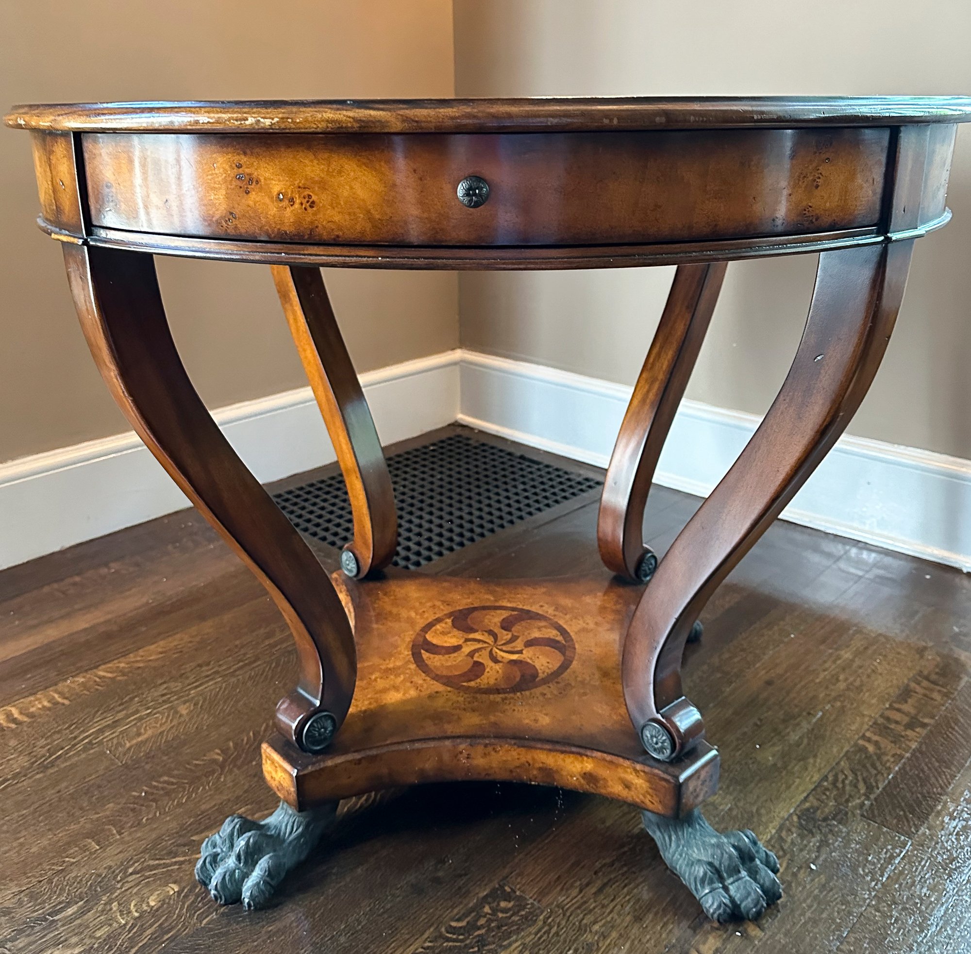 Round Accent Table With Wooden Inlay Designs And Metal Claw Feet ...