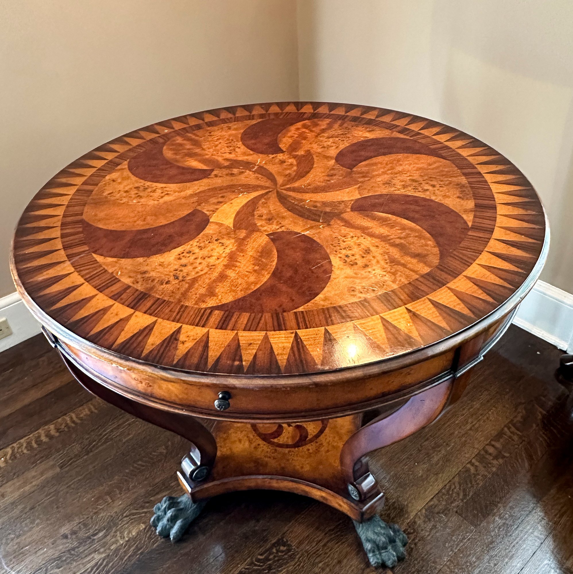 Round Accent Table With Wooden Inlay Designs And Metal Claw Feet ...
