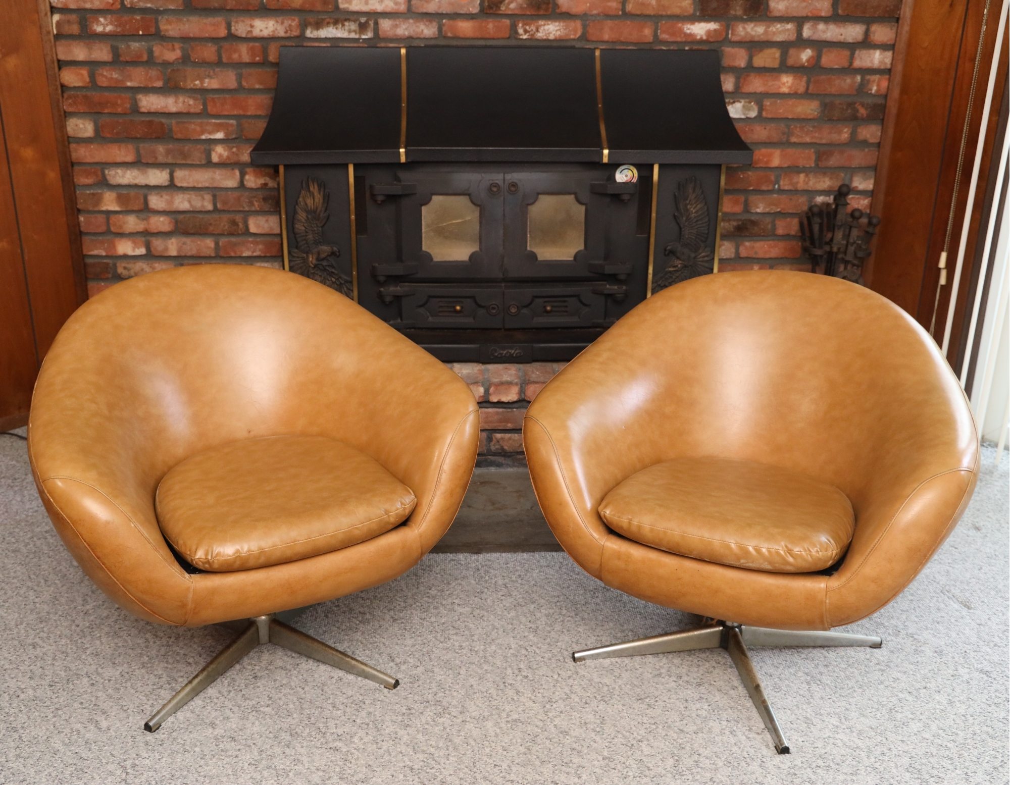 Pair Of Mid-Century Modern Swivel Egg Chairs In Camel Vinyl Upholstery ...