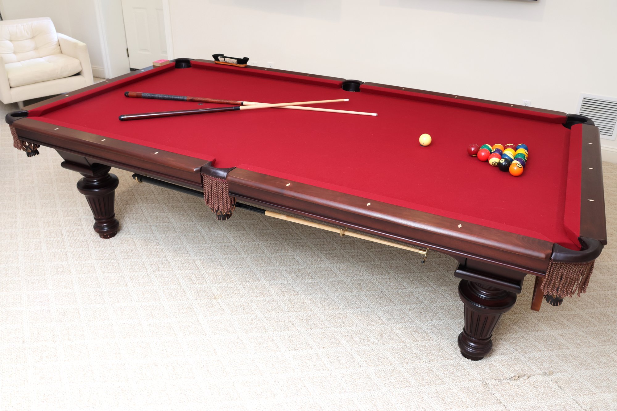 Custom-Made Red Felt Pool Table With Cues, Balls, And Accessories ...