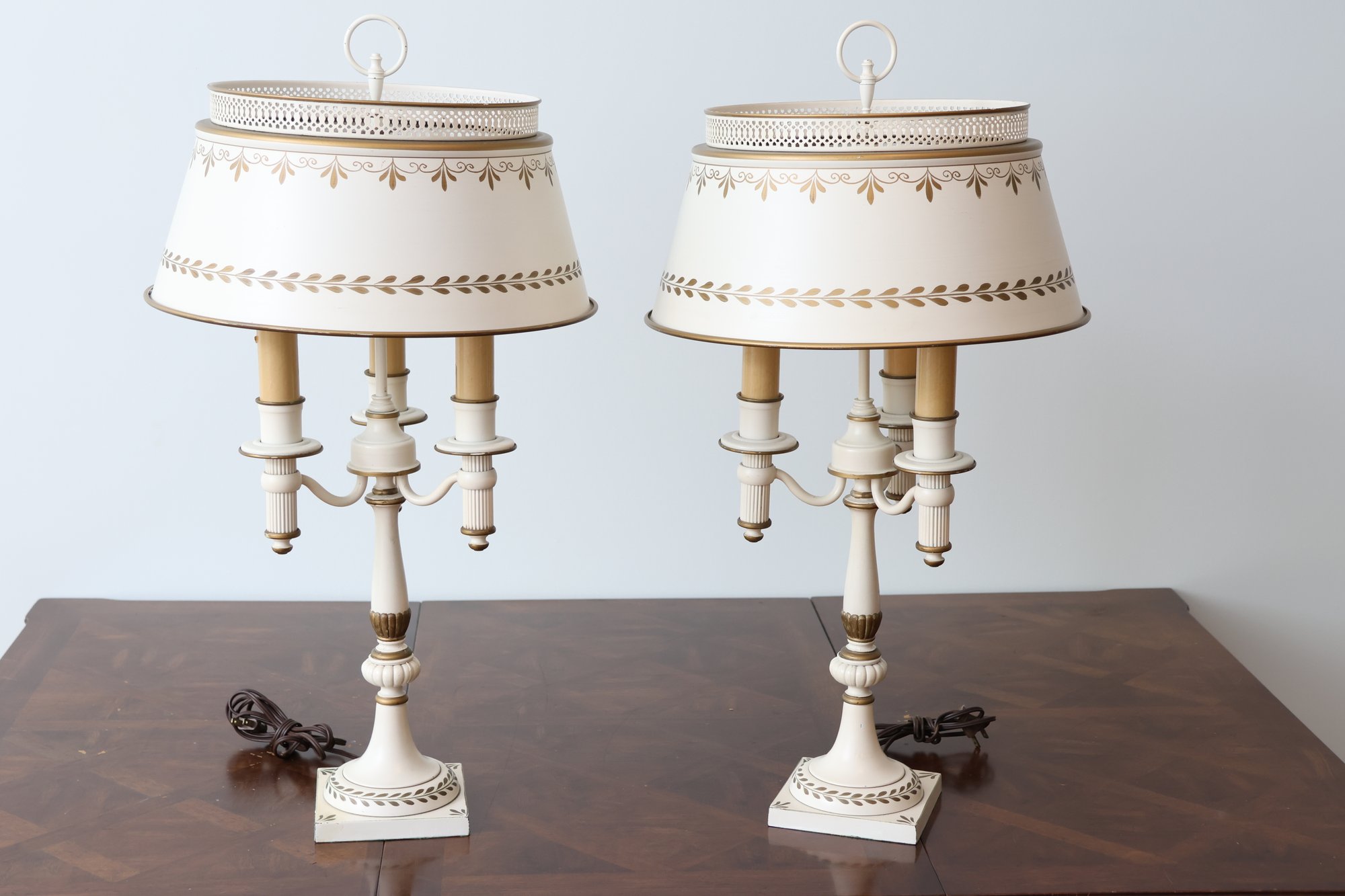 Pair Of French-Style Three-Light White Toleware Lamps And Lamp Shades ...