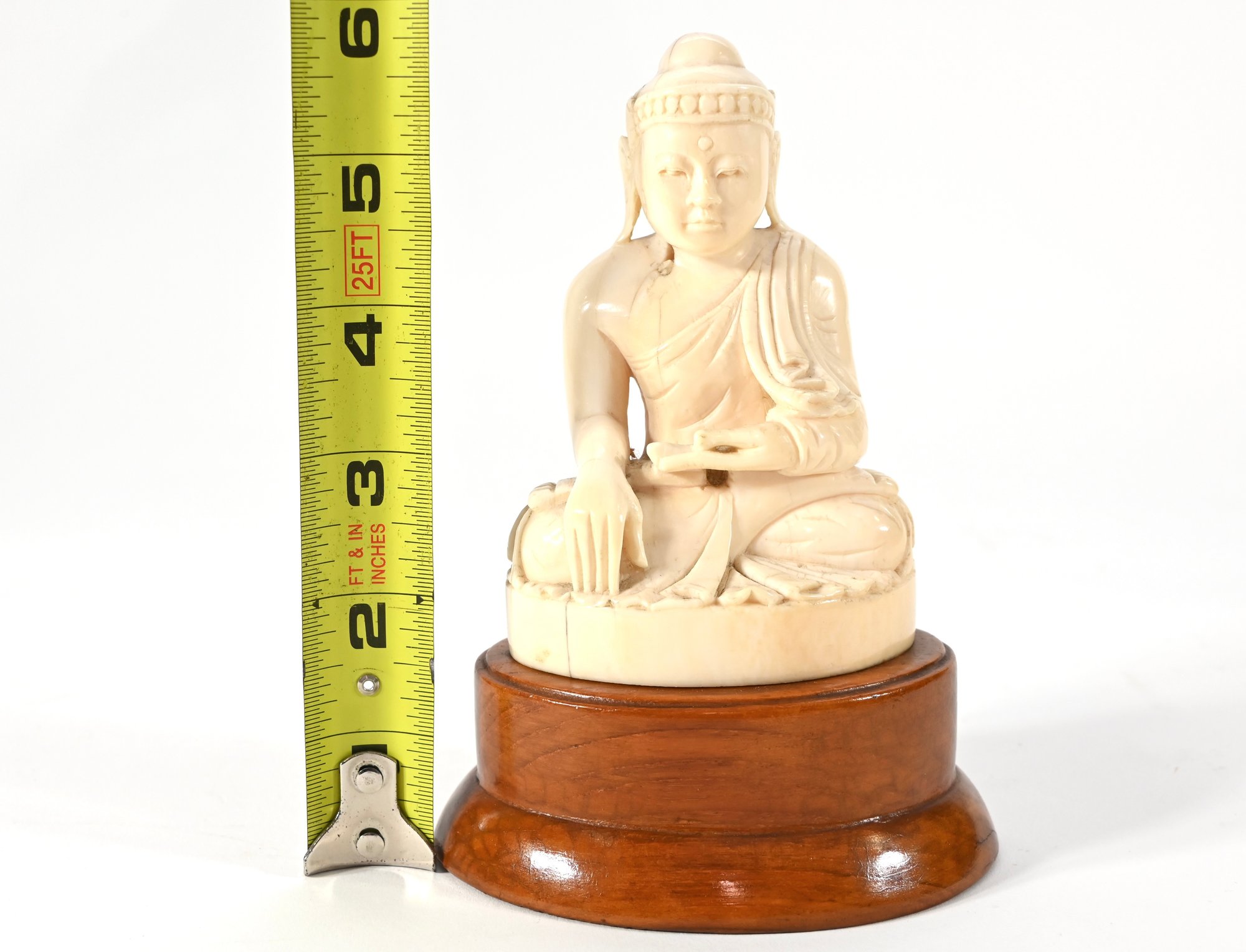 Carved Bone Seated Buddha Figure On Wood Base #159115 | Auctionninja.com