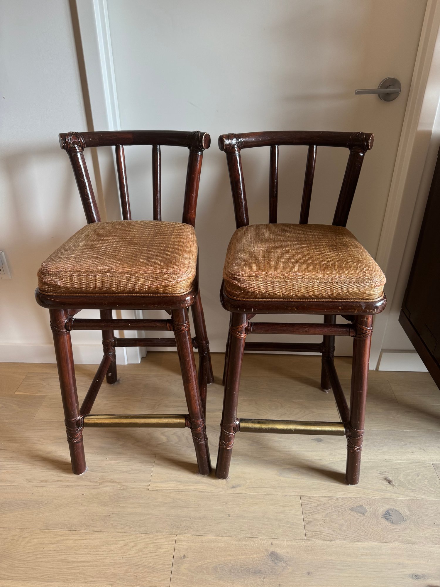 Pair McGuire Counter Stools Featuring Raffia Type Fabric, Solid Heavy ...