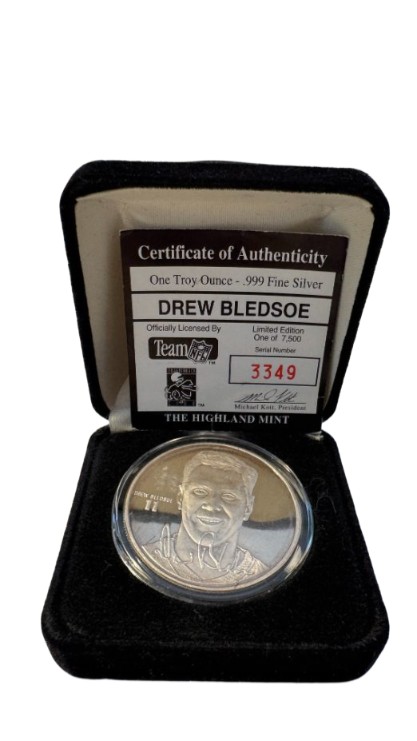 Drew Bledsoe .999 Fine Silver Coin Highland Mint, COA #3349 #4521 ...