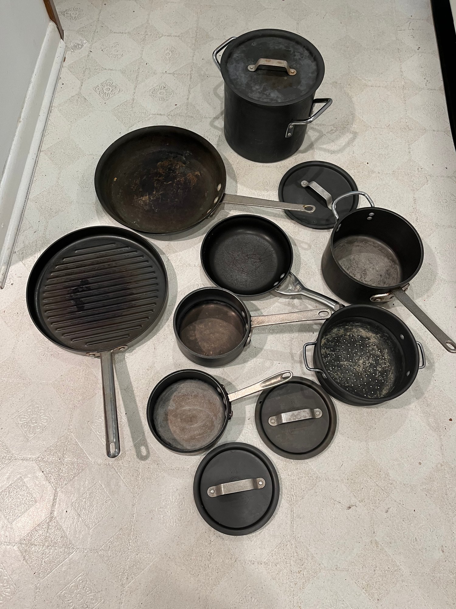 Large Collection Of Vintage And Well Used Calphalon Pots And Pans ...