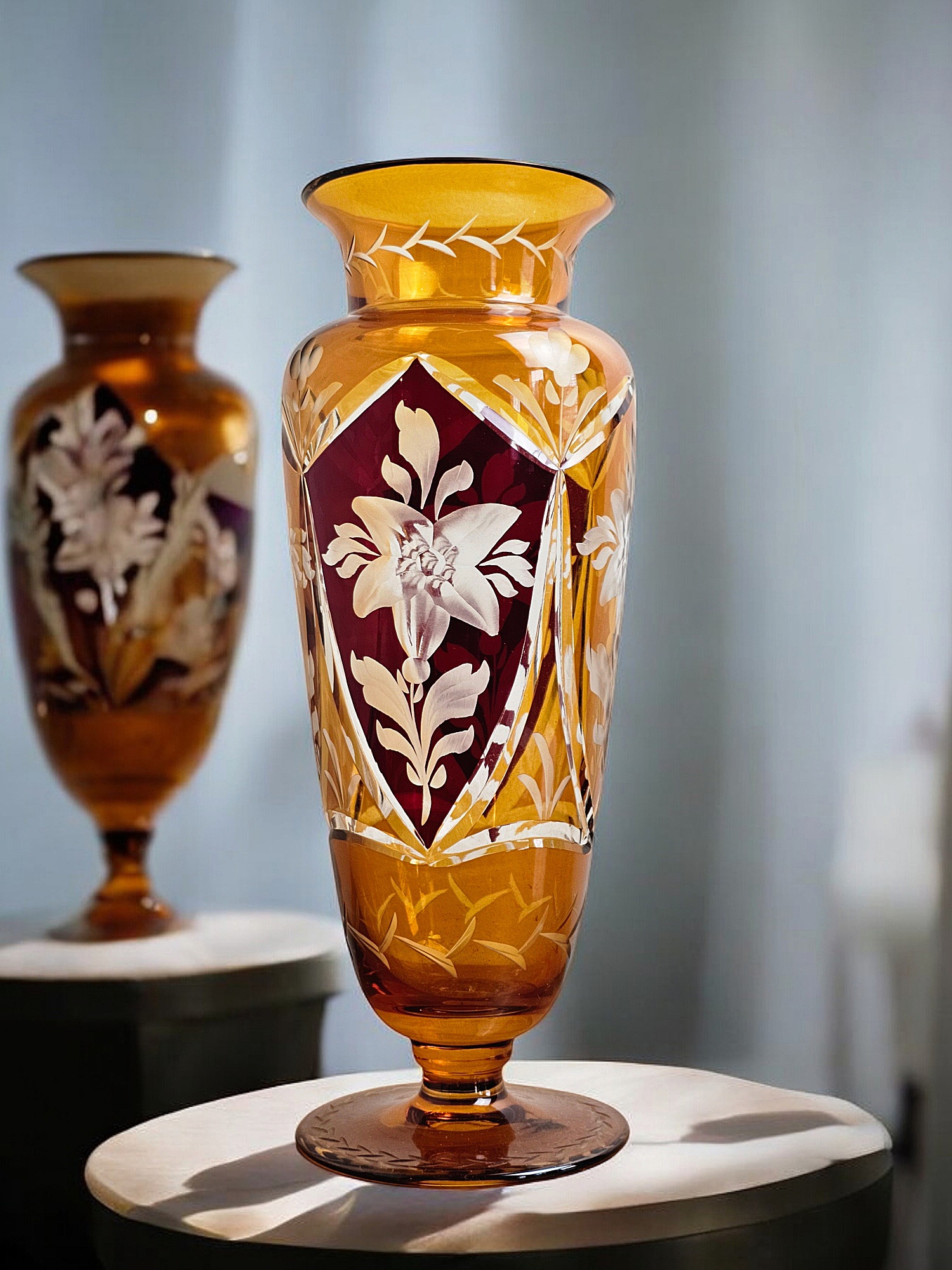 Large 12.5" Tall Ruby Red And Amber Cut To Clear Crystal And Etched ...