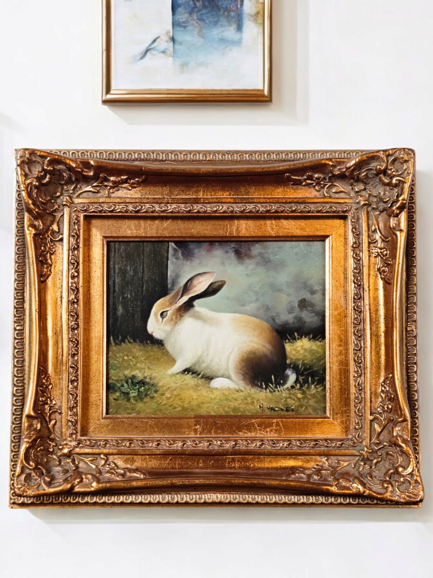 Vintage Oil On Board Rabbit Painting Artist Signed And Framed 15"W X 17 ...