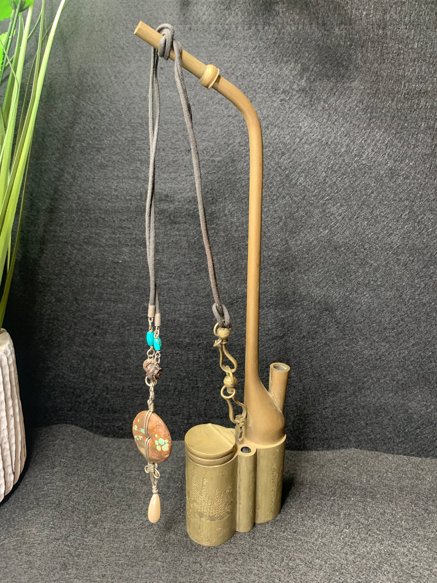 Vintage Chinese Brass Pipe With Turquoise And Chinese Writings And ...