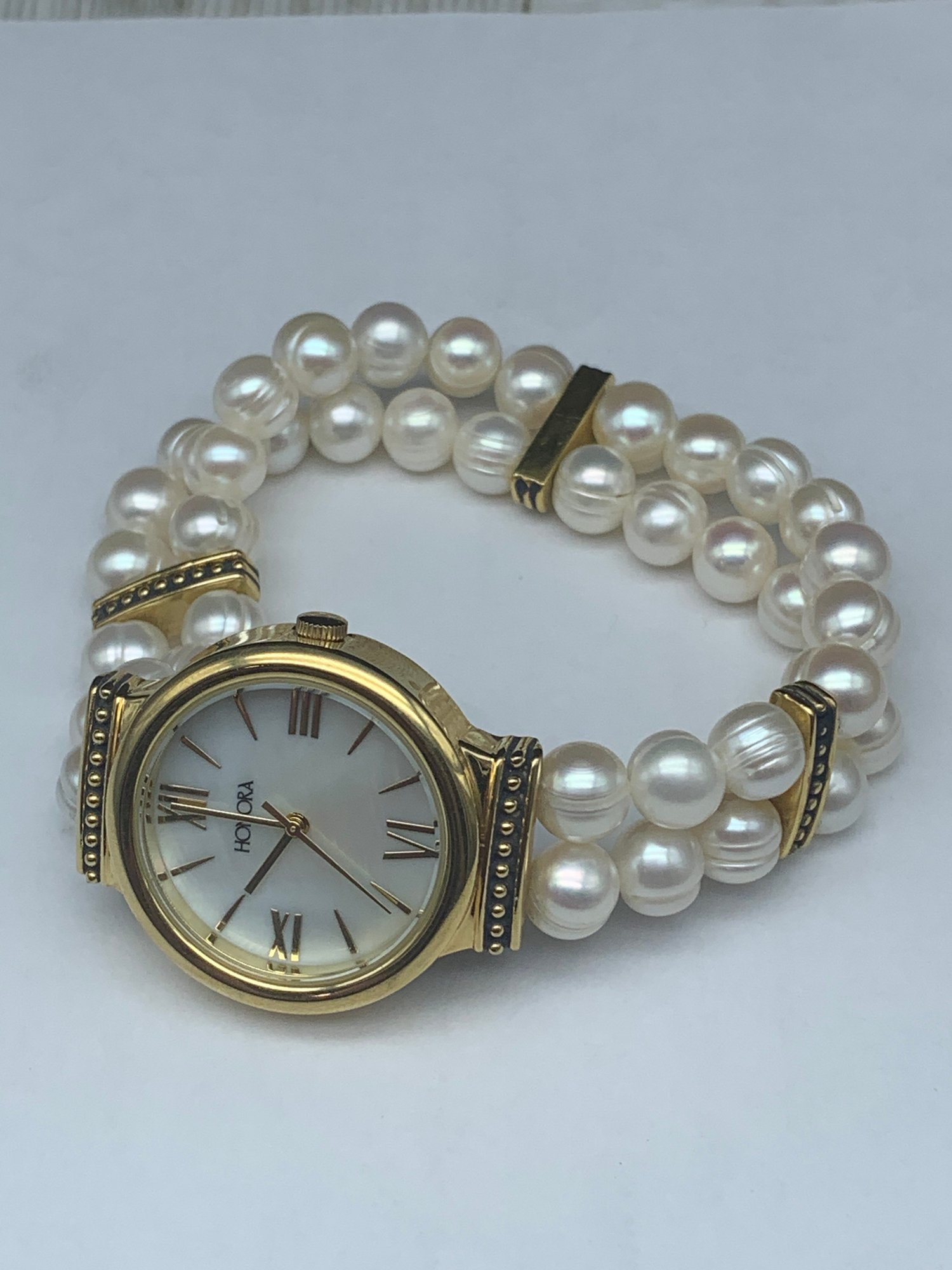 HONORA Cultured Pearl Stretch-Band Watch, Gold Toned Bezel & MOP Face ...